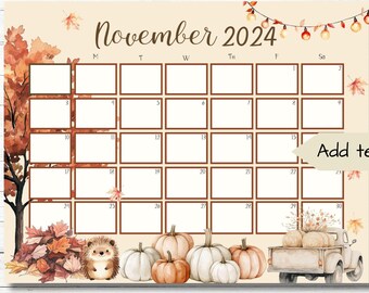 EDITABLE November 2024 Calendar, Cozy Calendar, Autumn, Leaves ...