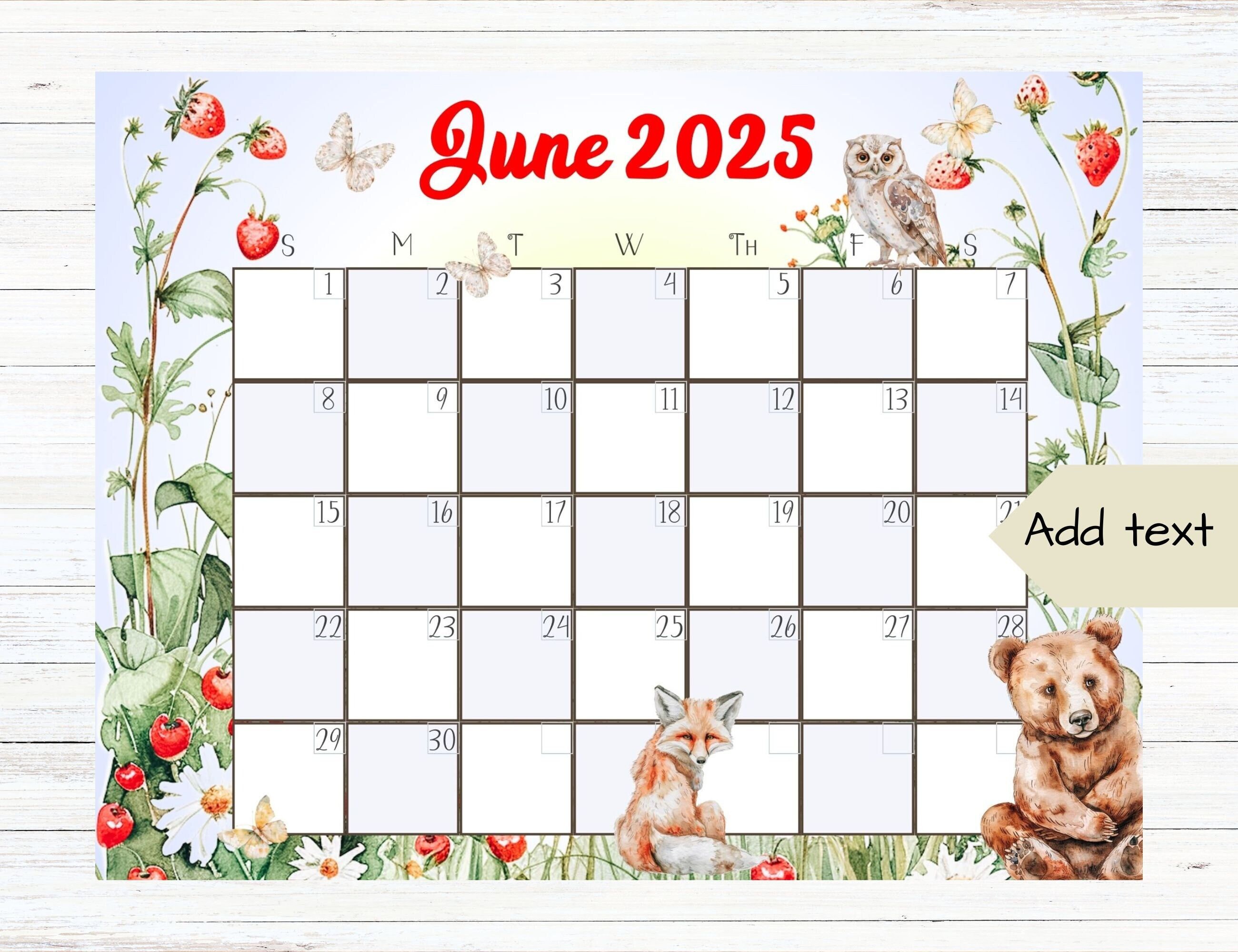 EDITABLE June 2025 Calendar, Woodland Calendar, Forest Animals ...
