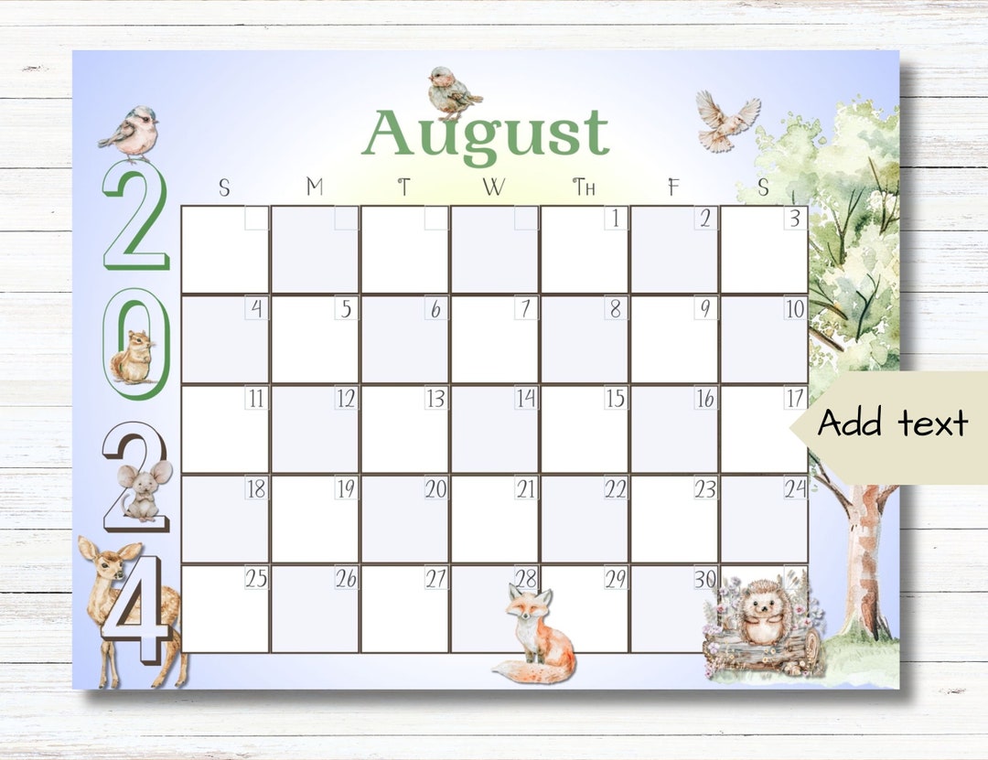 EDITABLE August 2024 Calendar, Woodland Calendar, Forest Animals ...