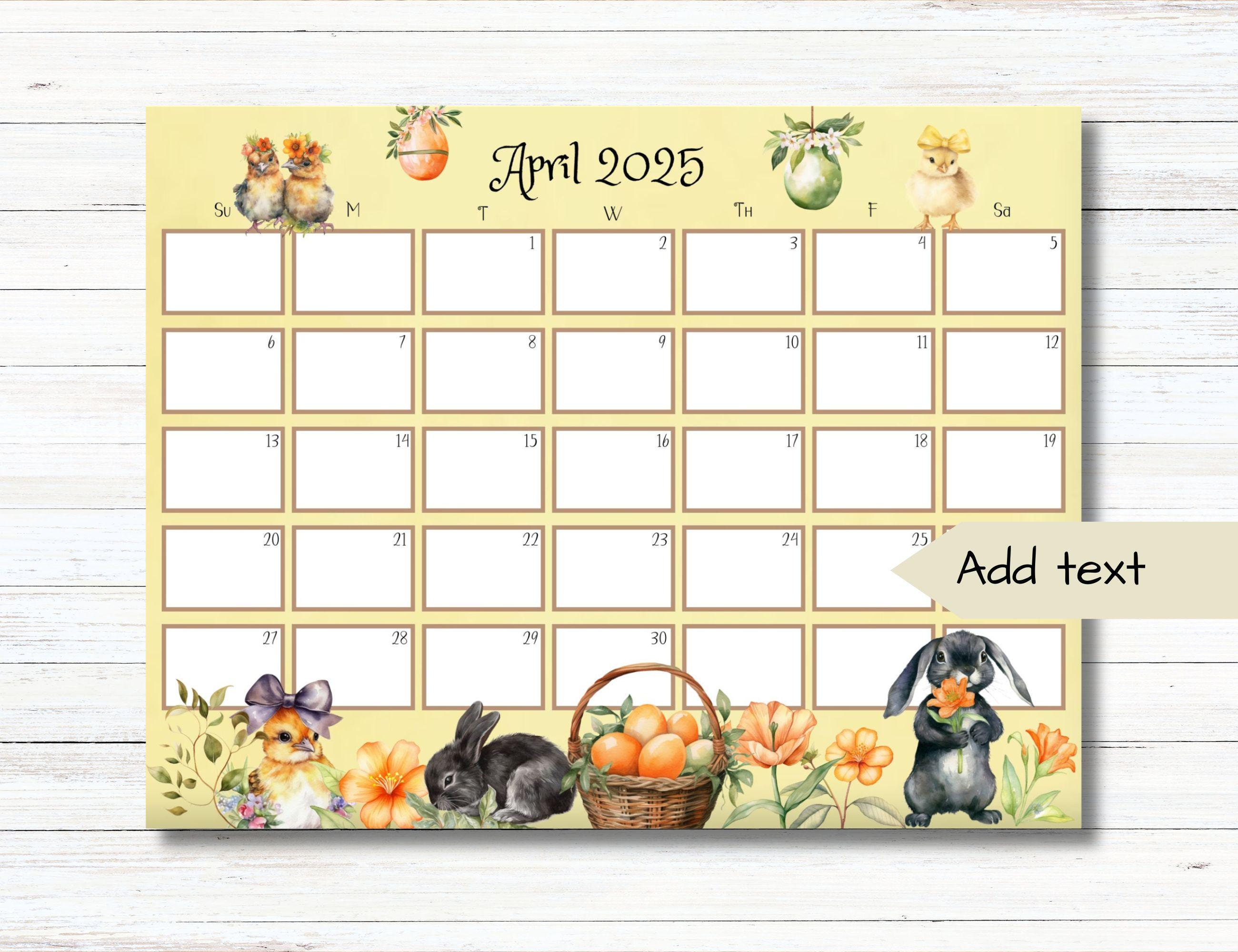 EDITABLE April 2025 Calendar, Happy Easter Calendar, Bunny, Yellow ...