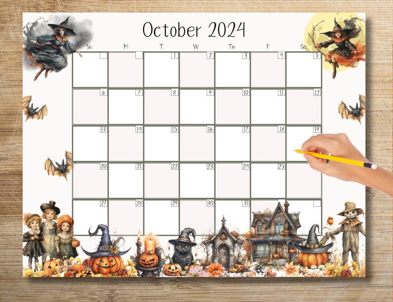 EDITABLE October 2024 Calendar, Spooky Halloween, Witches, Watercolor ...