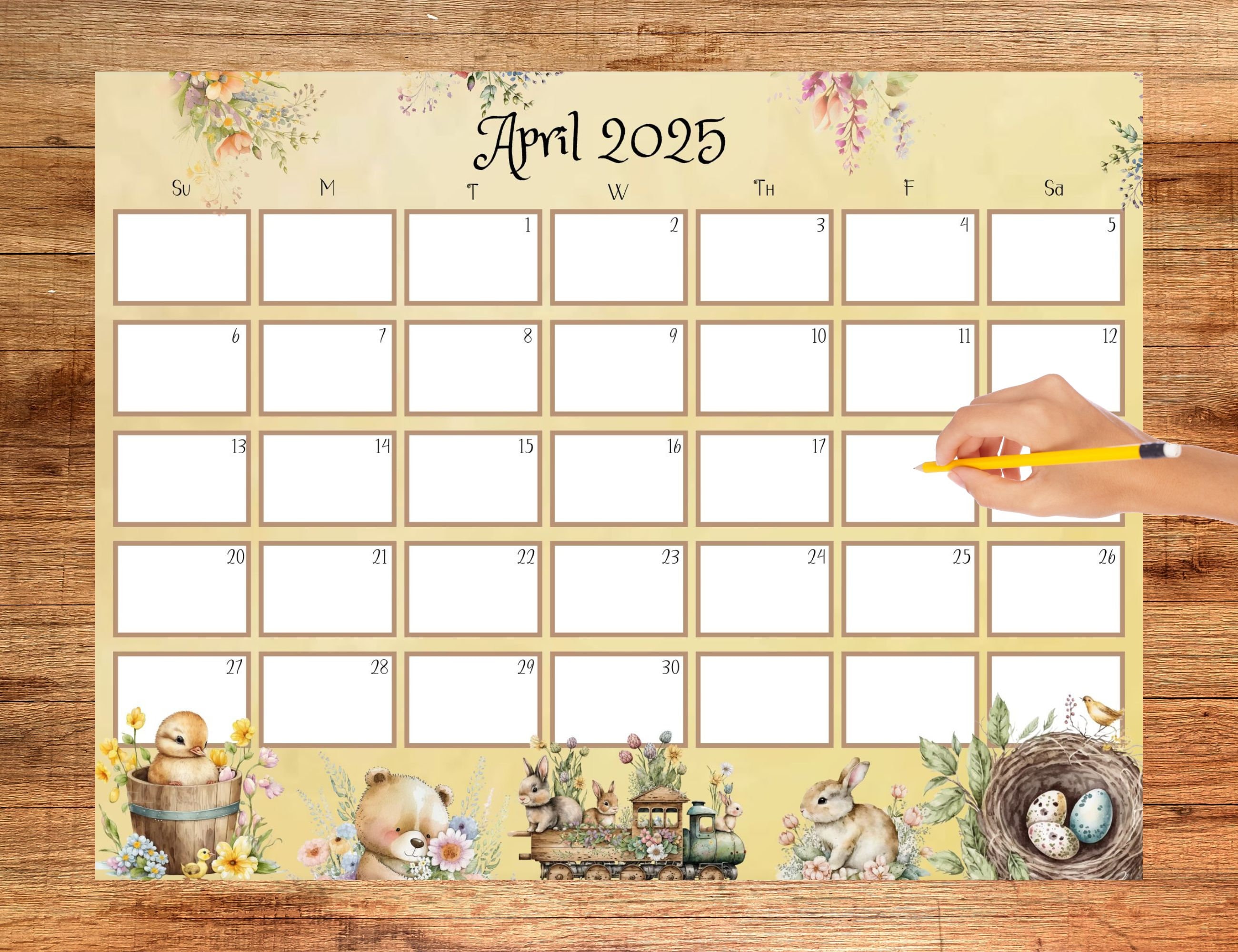 EDITABLE April 2025 Calendar, Whimsical Calendar, Easter, Yellow ...