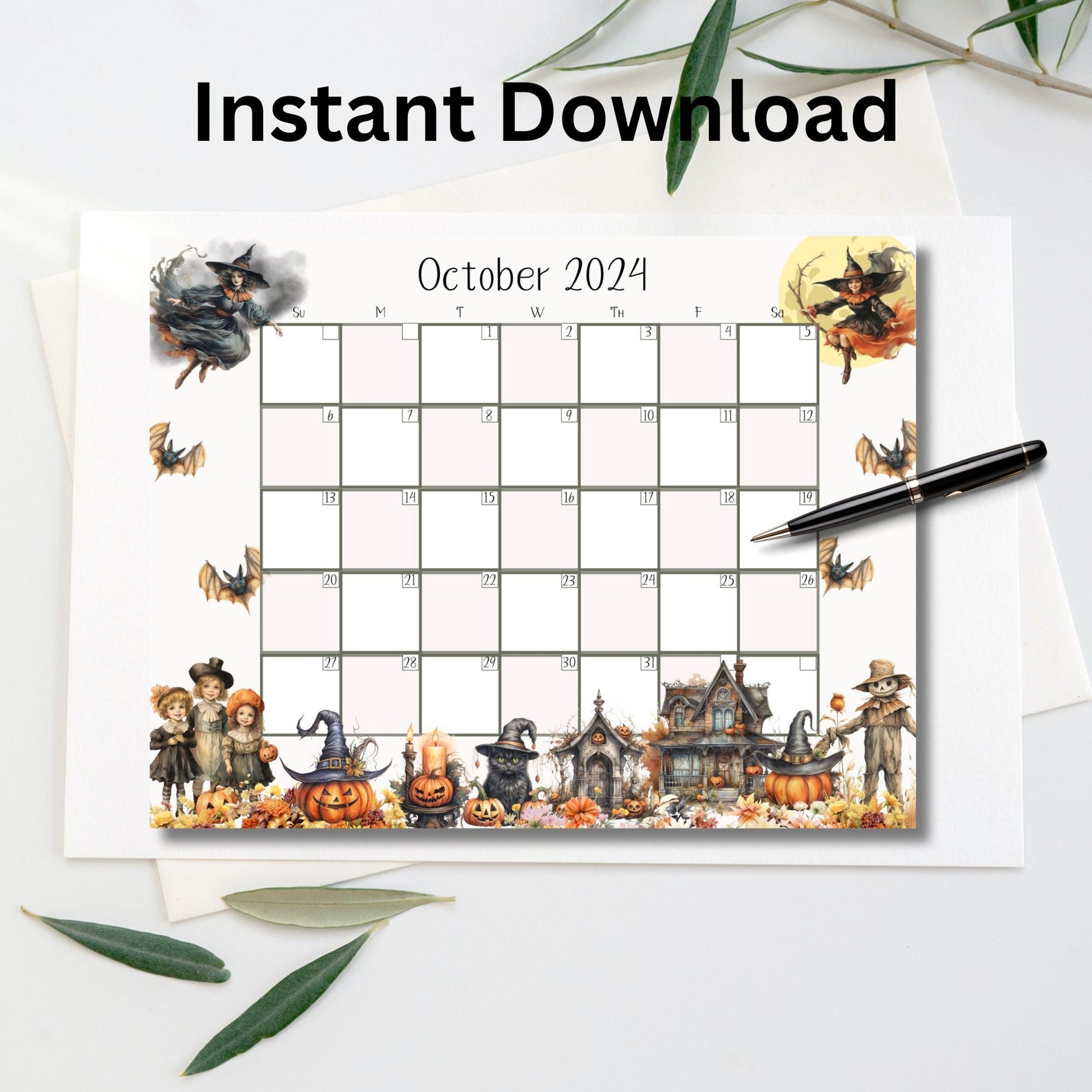 EDITABLE October 2024 Calendar, Spooky Halloween, Witches, Watercolor ...
