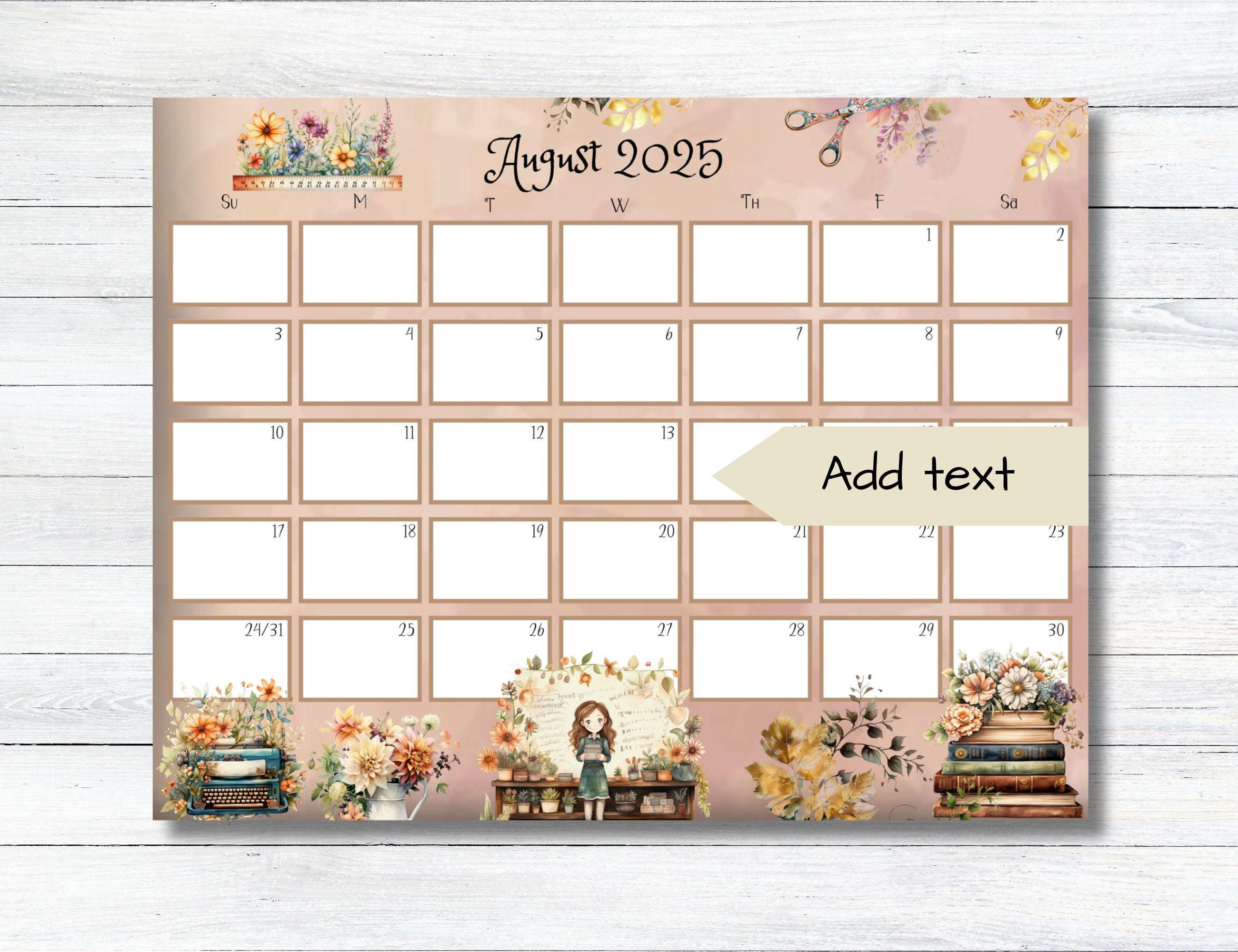 EDITABLE August 2025 Calendar, Whimsical, Back to School, Pink, School ...