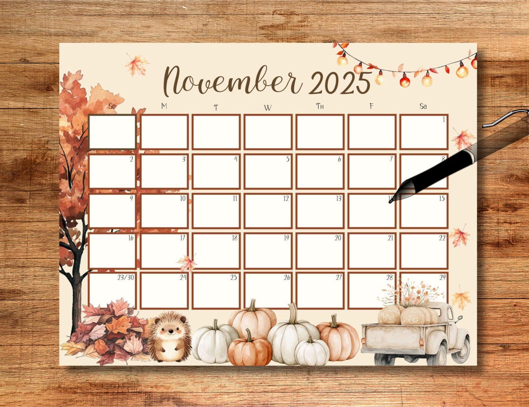 EDITABLE November 2025 Calendar, Cozy Calendar, Pink, Pumpkins, Leaves ...