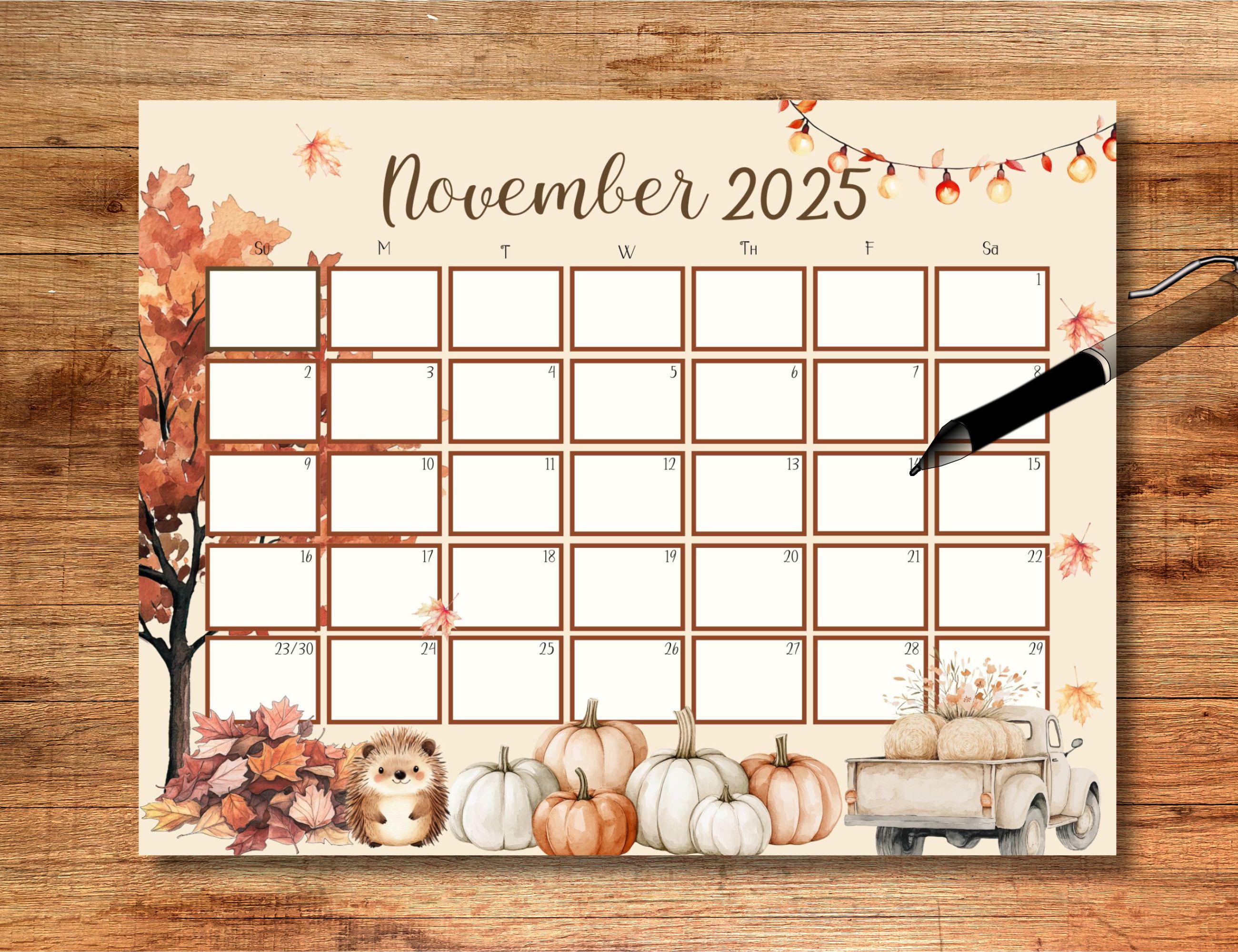 EDITABLE November 2025 Calendar, Cozy Calendar, Pink, Pumpkins, Leaves ...