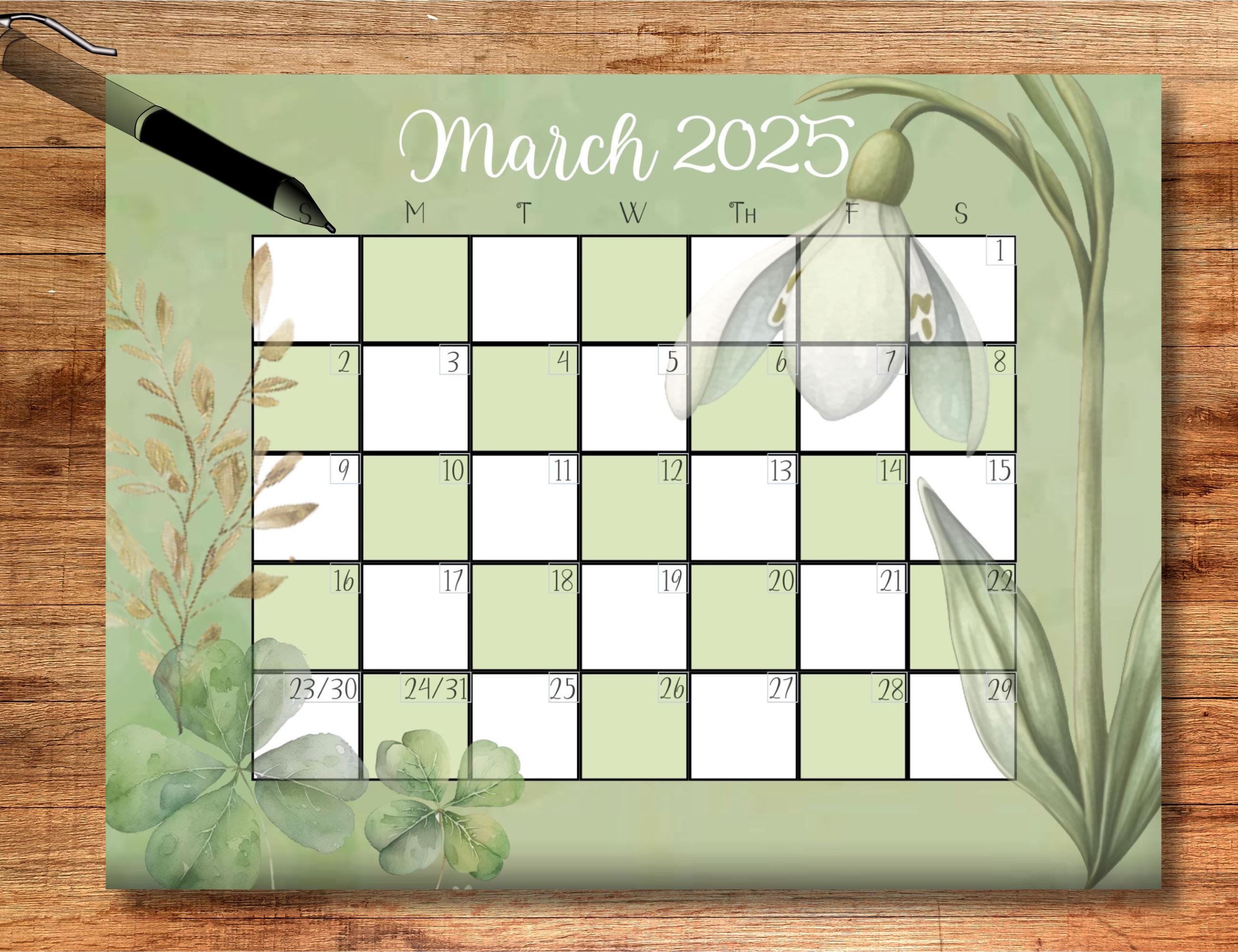 EDITABLE March 2025 Calendar, St Patrick's Calendar, Green Calendar ...