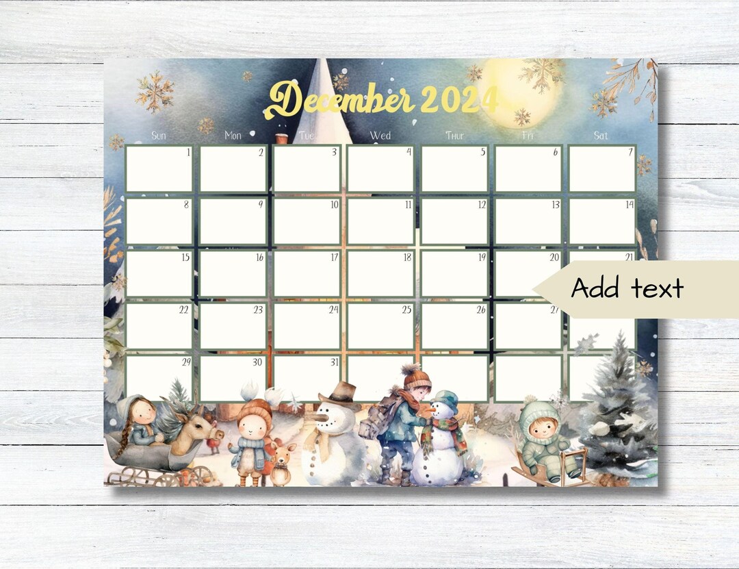 EDITABLE December 2024 Calendar, Winter Calendar, Blue, Woodland ...