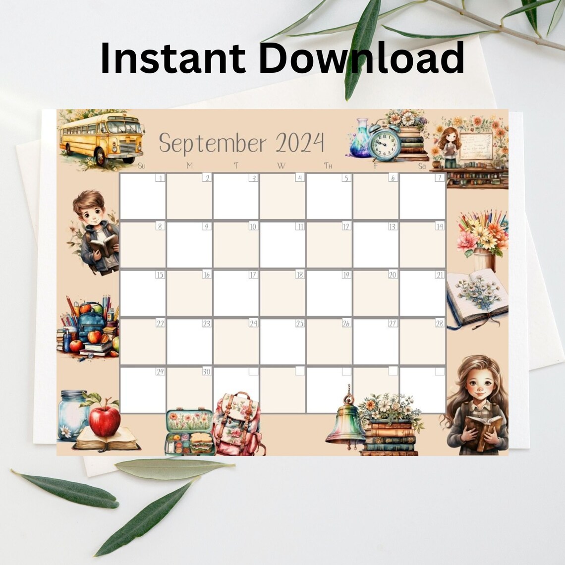 EDITABLE September 2024 Calendar, Back to School, Watercolor Calendar ...