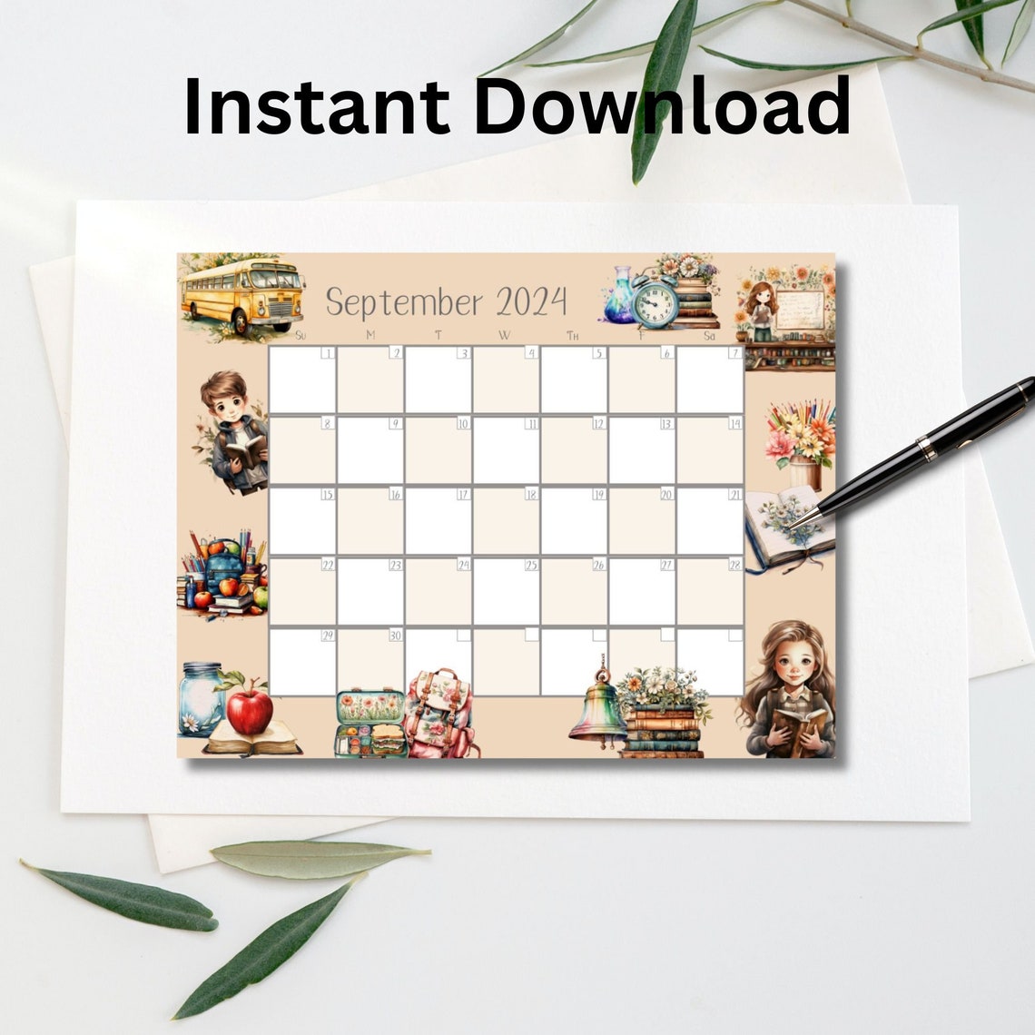 EDITABLE September 2024 Calendar, Back to School, Watercolor Calendar ...