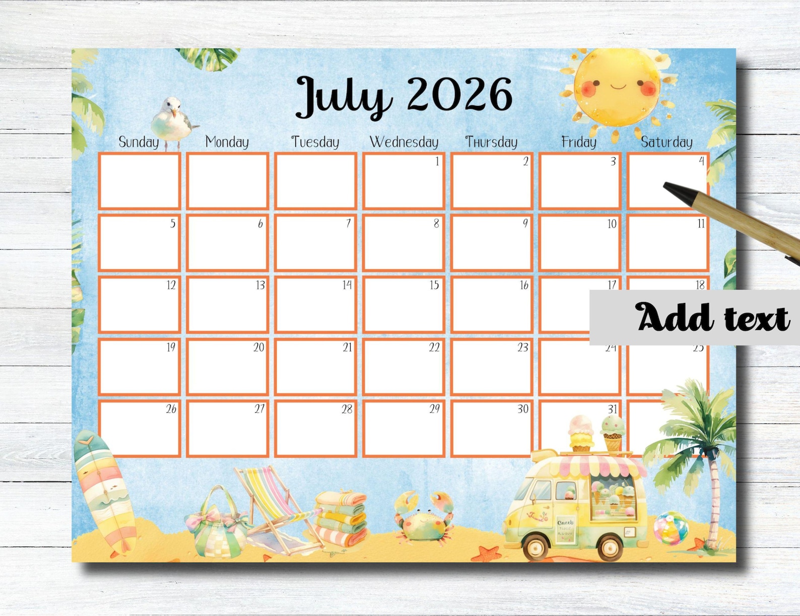 EDITABLE July 2026 Calendar, 2026 July, Vacation Planner, Wall Calendar ...