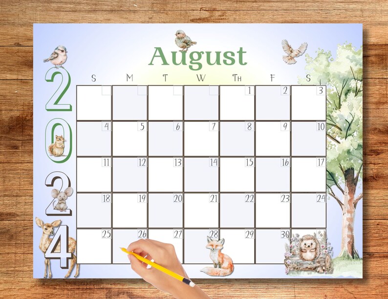 EDITABLE August 2024 Calendar, Woodland Calendar, Forest Animals ...