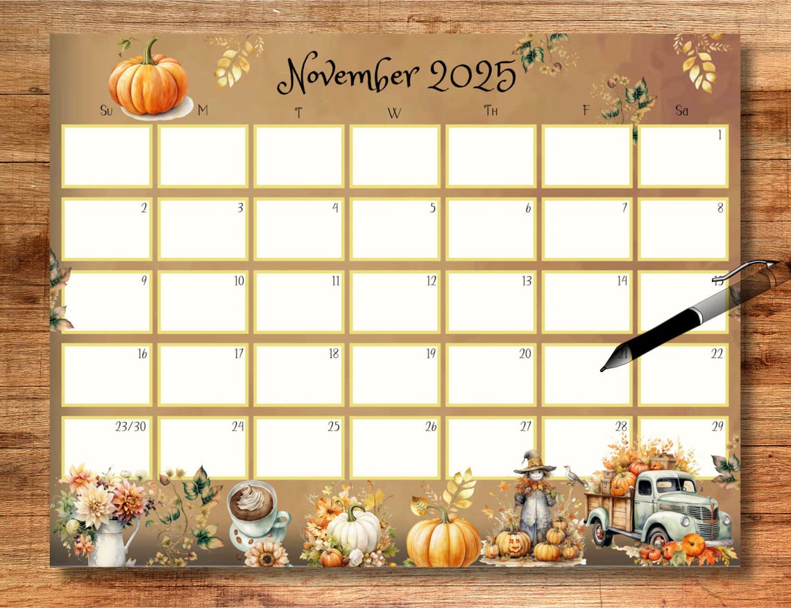 EDITABLE November 2025 Calendar, Thanksgiving Calendar, Whimsical ...