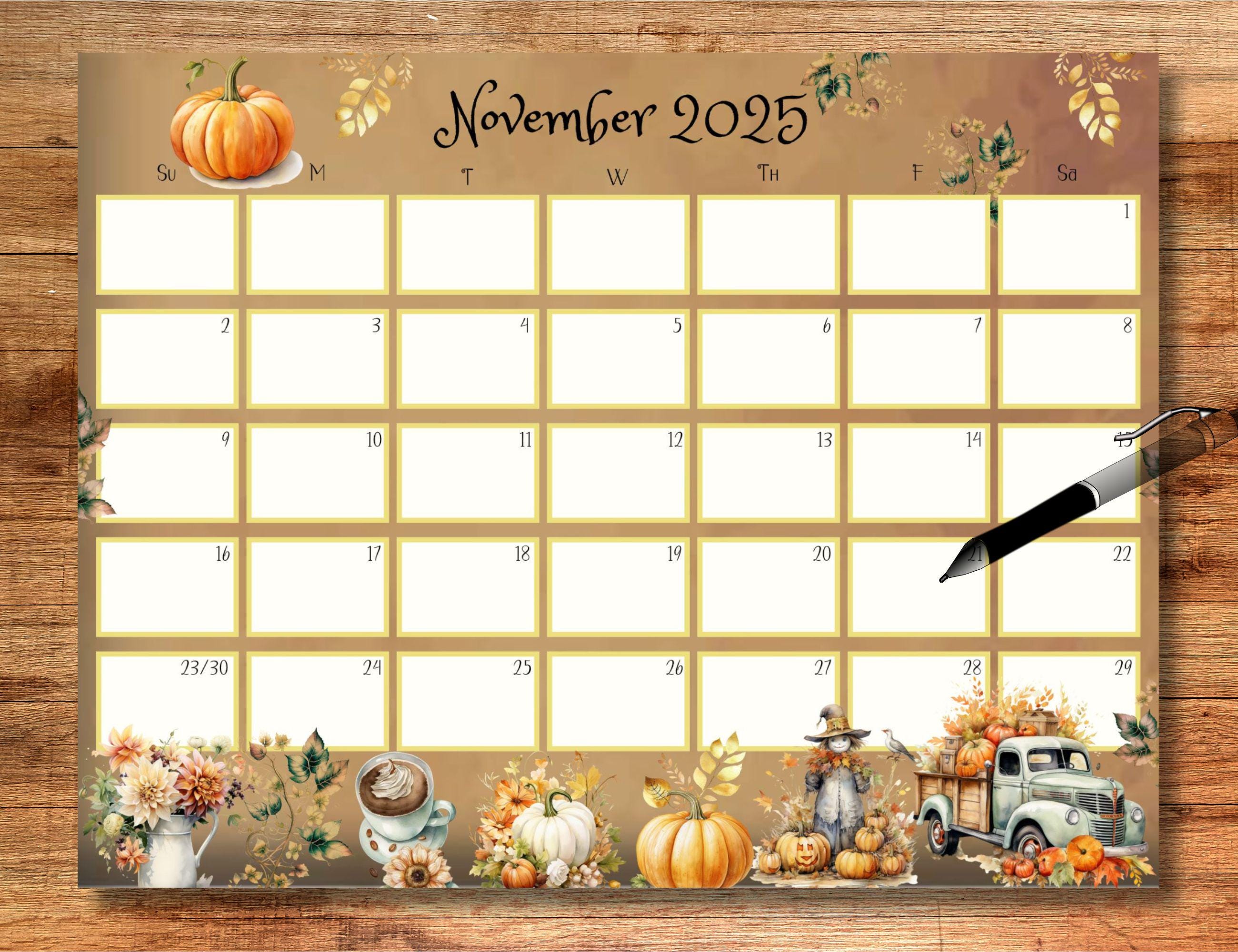 EDITABLE November 2025 Calendar, Thanksgiving Calendar, Whimsical ...