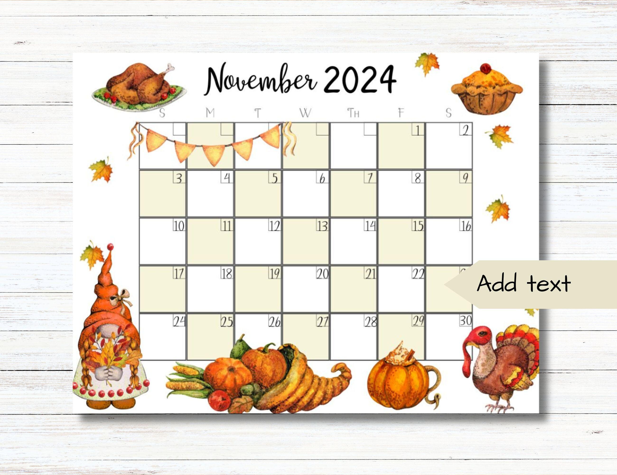 EDITABLE November 2024 Calendar, Cozy Calendar, Autumn, Leaves ...