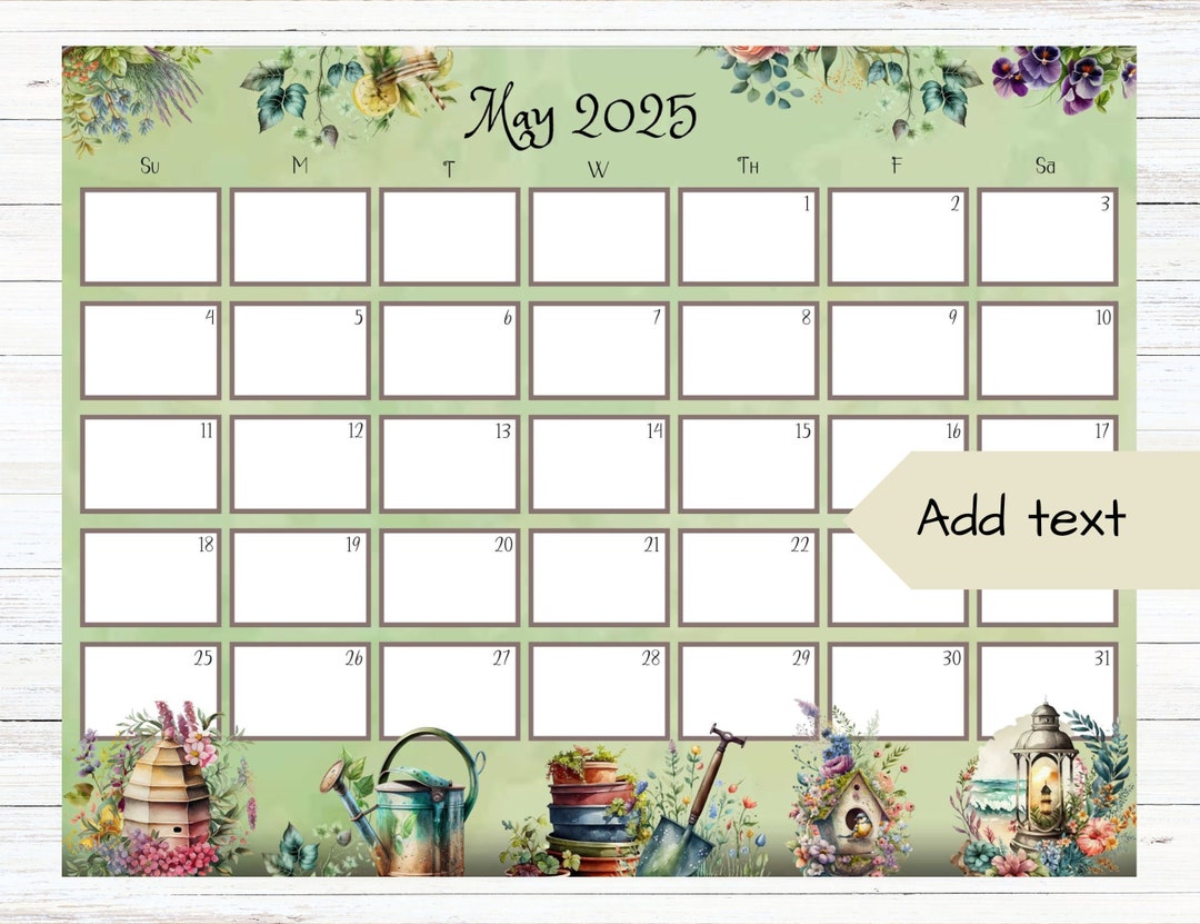 EDITABLE May 2025 Calendar, Spring Calendar, Garden Calendar, Whimsical ...