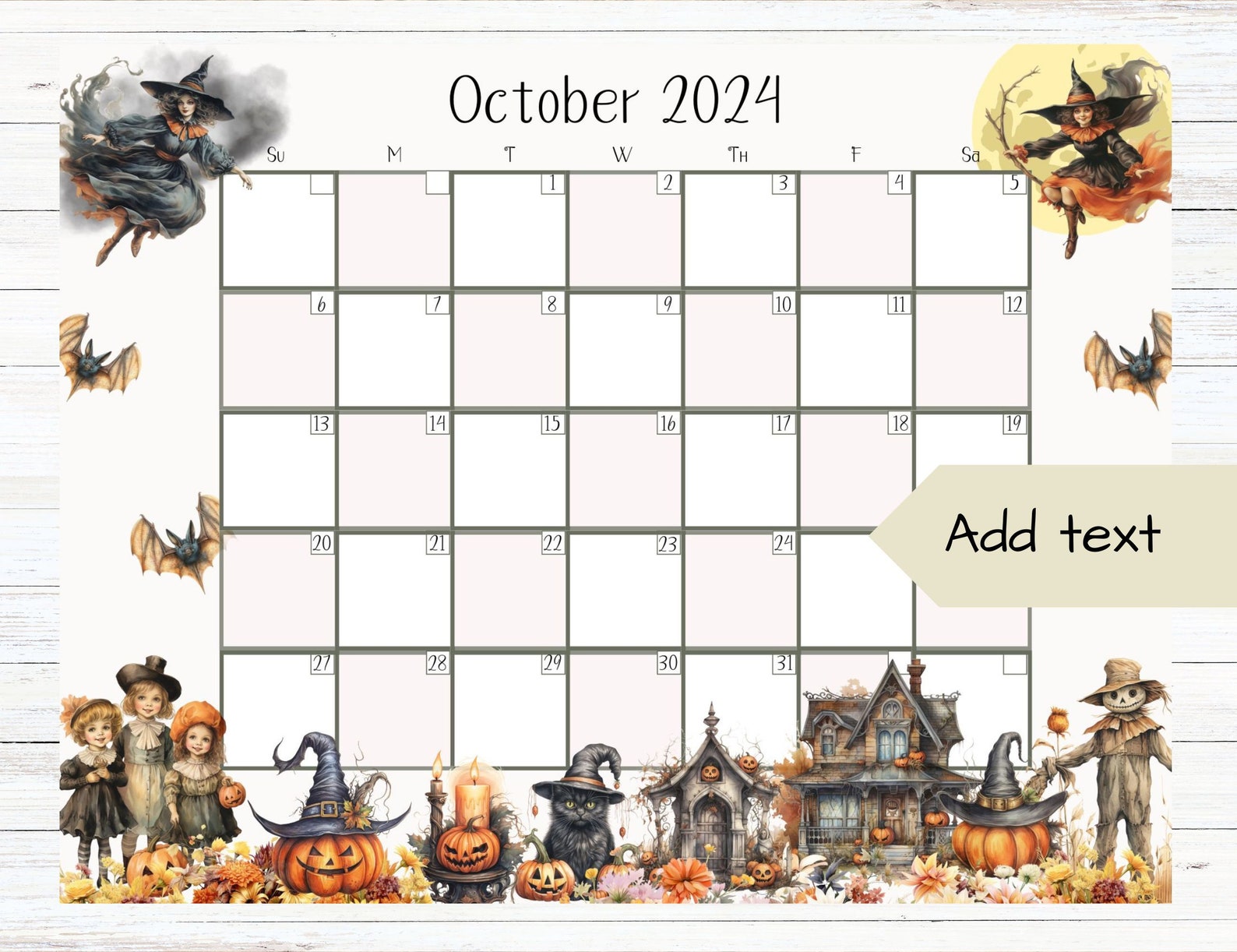 EDITABLE October 2024 Calendar, Spooky Halloween, Witches, Watercolor ...