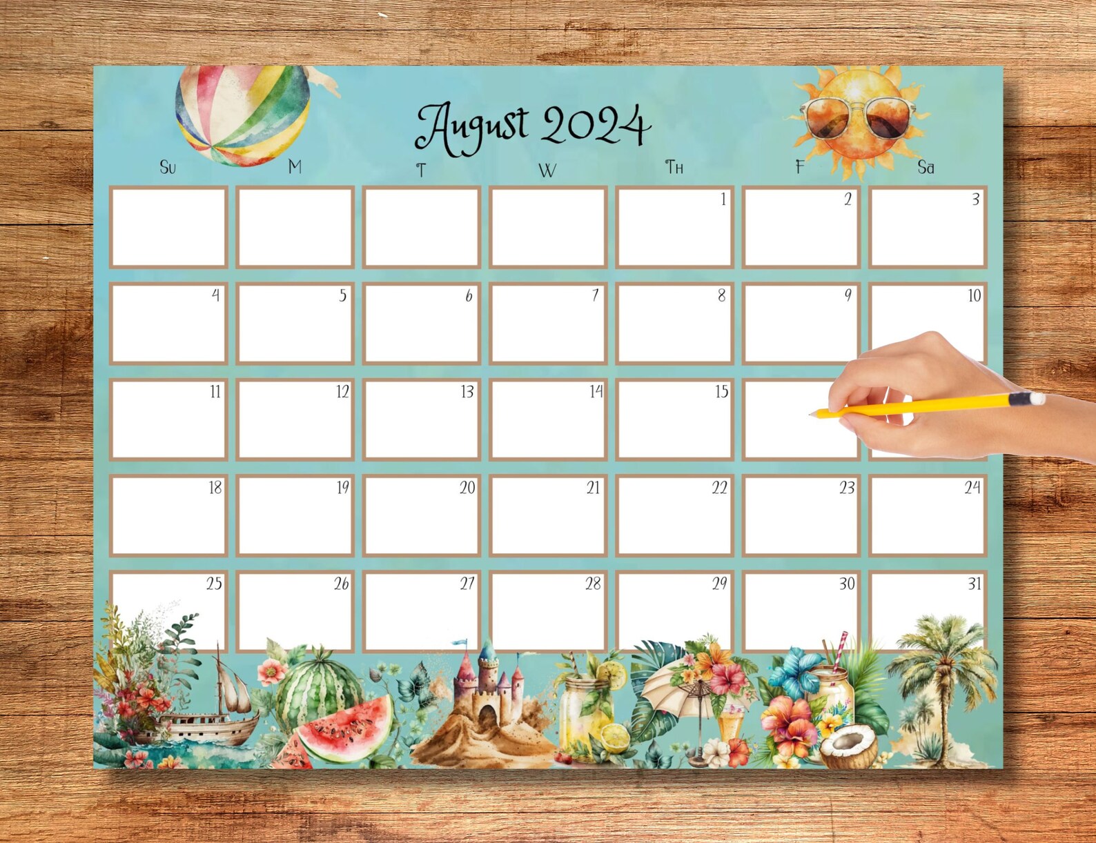 EDITABLE August 2024 Calendar, Whimsical, Beach, Blue, Vacation ...