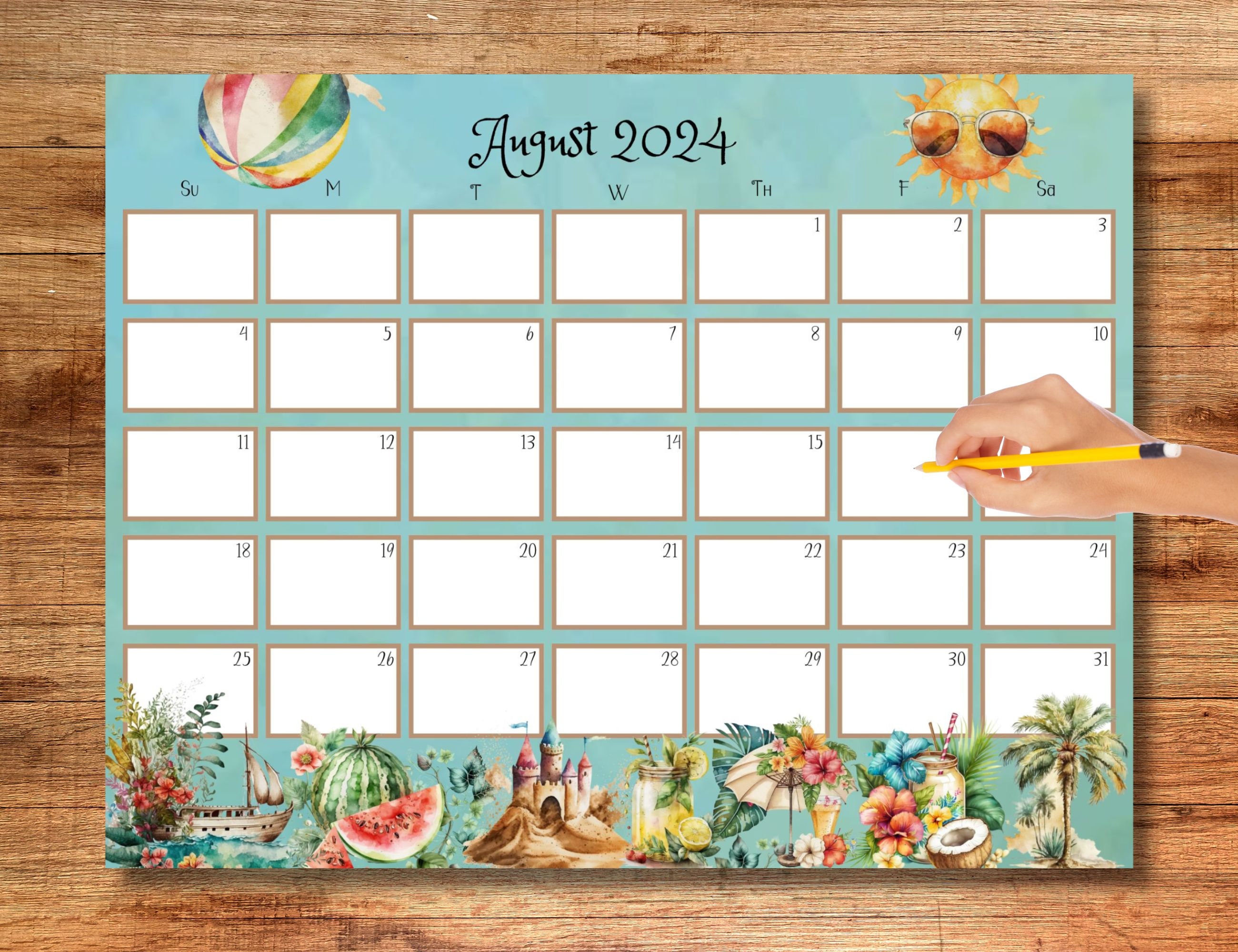 EDITABLE August 2024 Calendar, Whimsical, Beach, Blue, Vacation ...