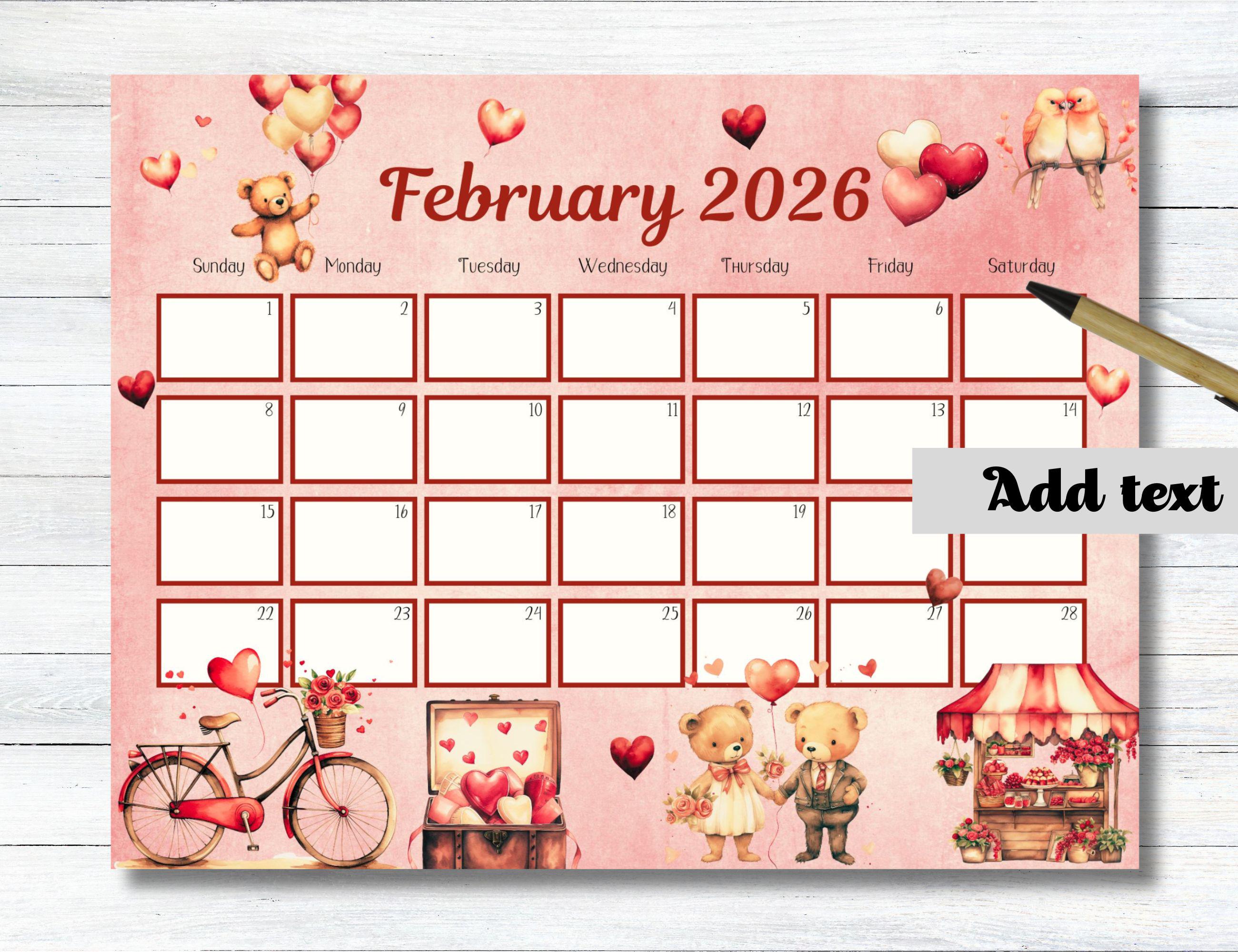 EDITABLE, February 2026 Calendar, 2026 Calendar, Printable Calendar ...