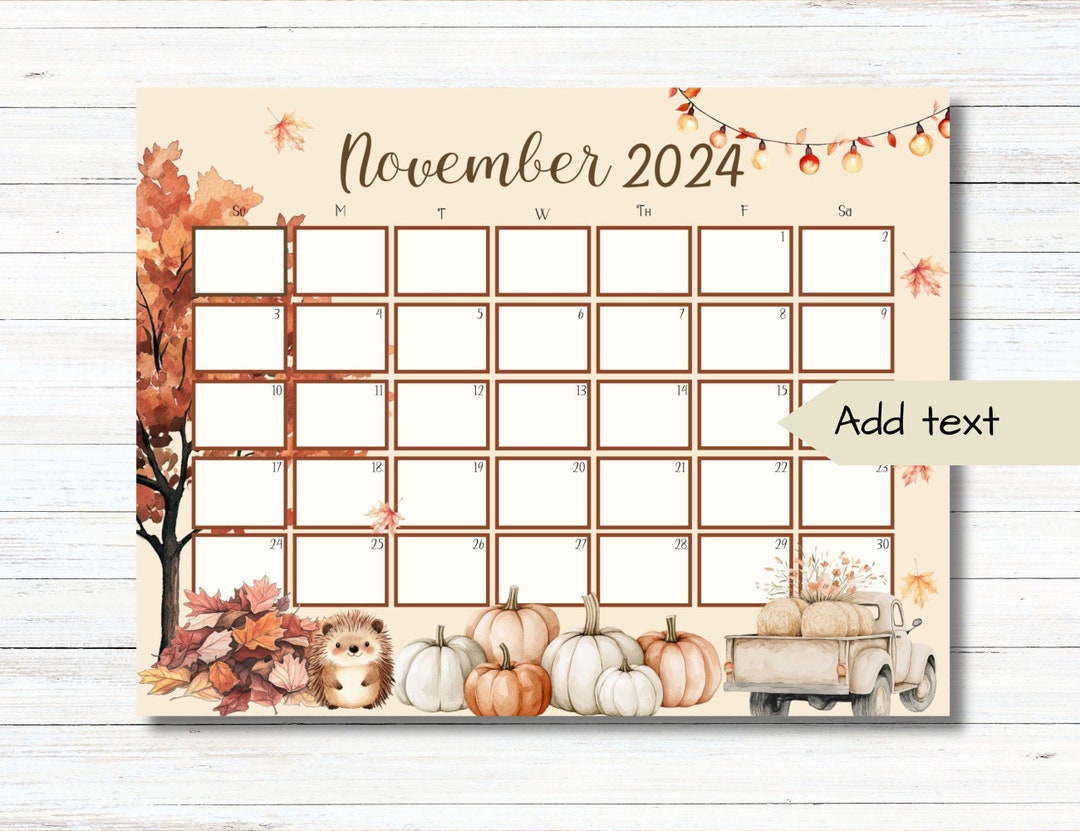 Calendario de noviembre de 2024 editable, calendario acogedor, rosa ...