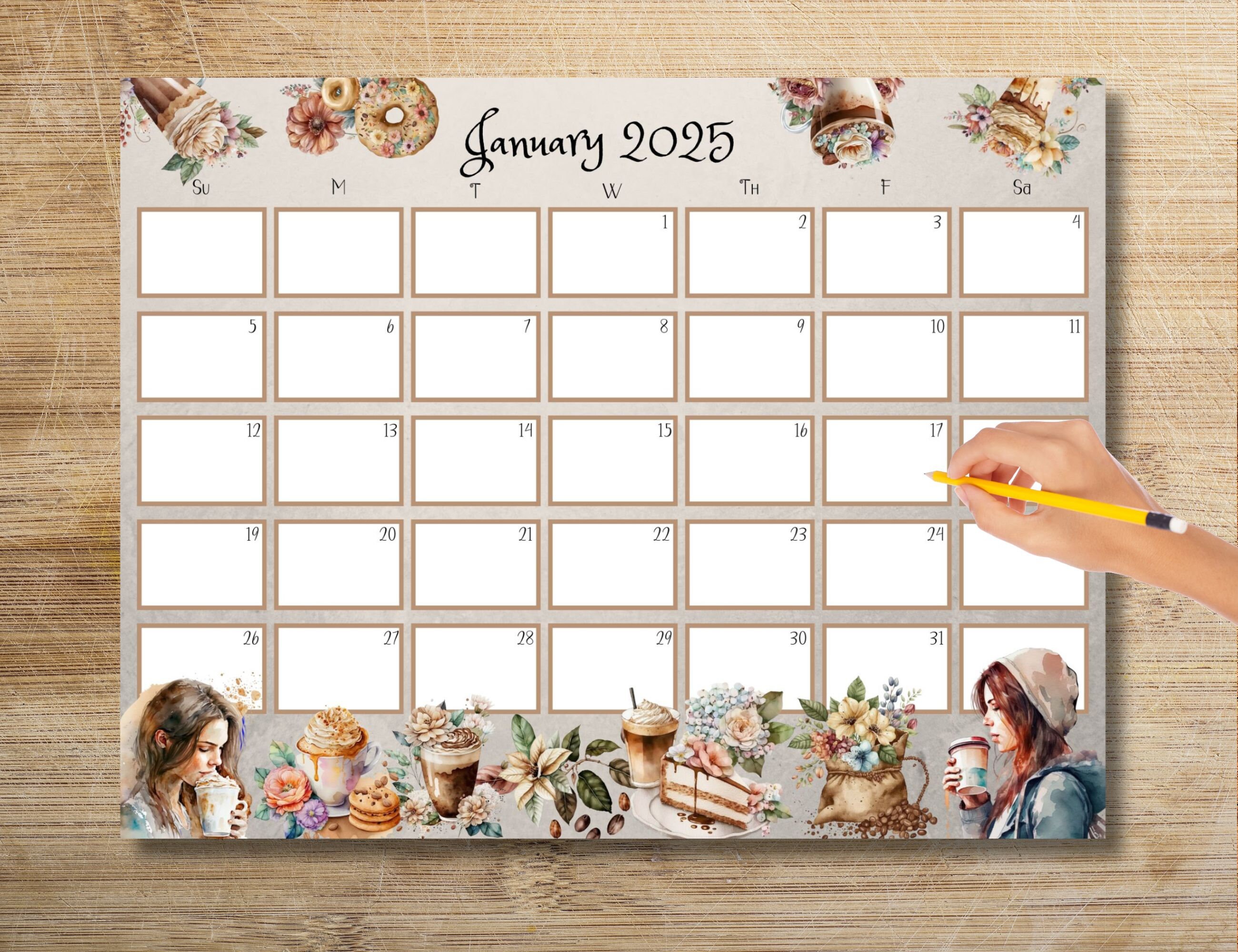 EDITABLE January 2025 Calendar, Whimsical Calendar, Watercolor Calendar ...