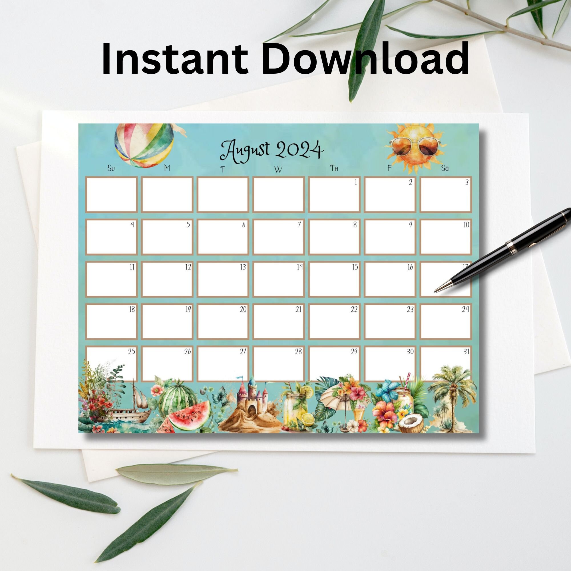 EDITABLE August 2024 Calendar, Whimsical, Beach, Blue, Vacation ...