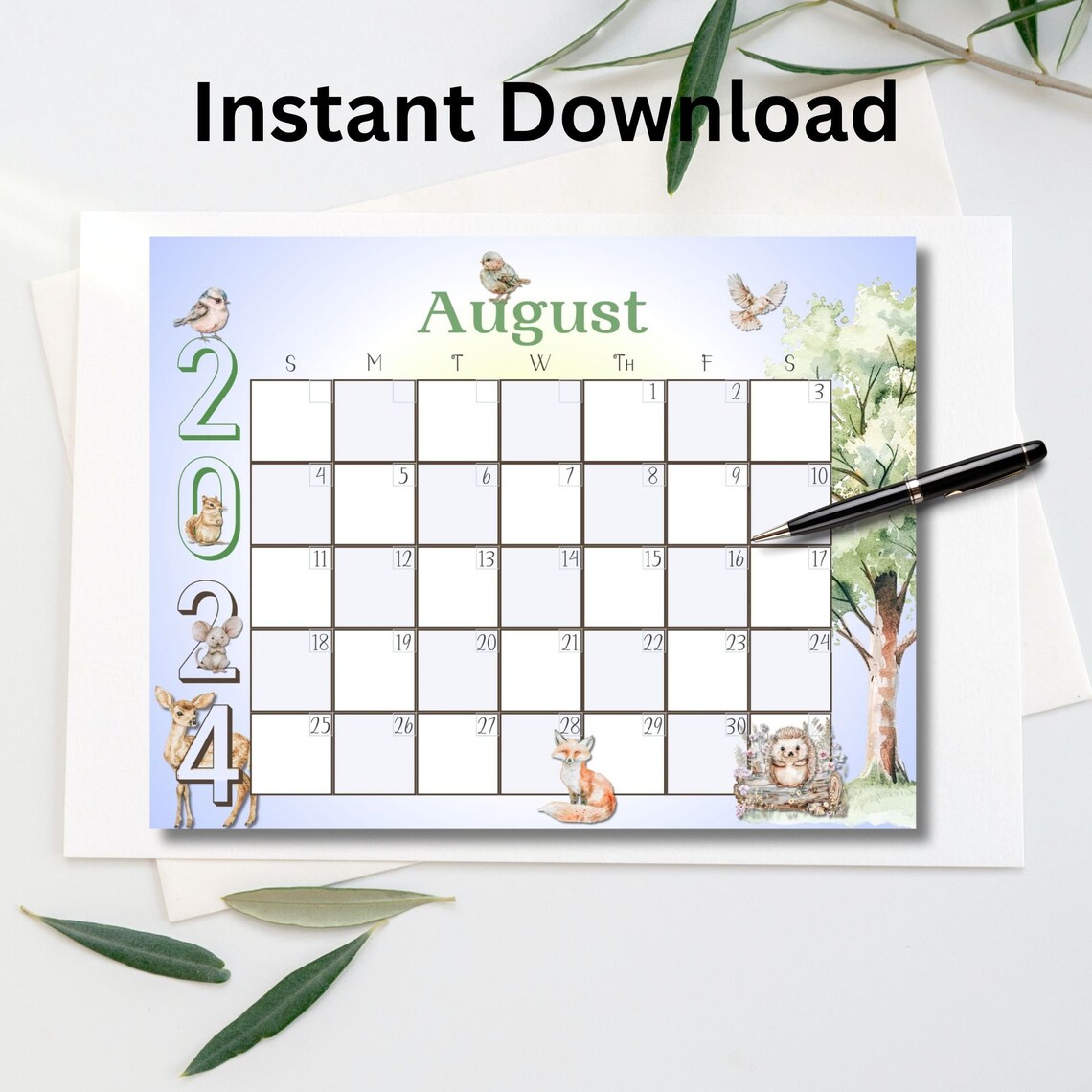 EDITABLE August 2024 Calendar, Woodland Calendar, Forest Animals ...