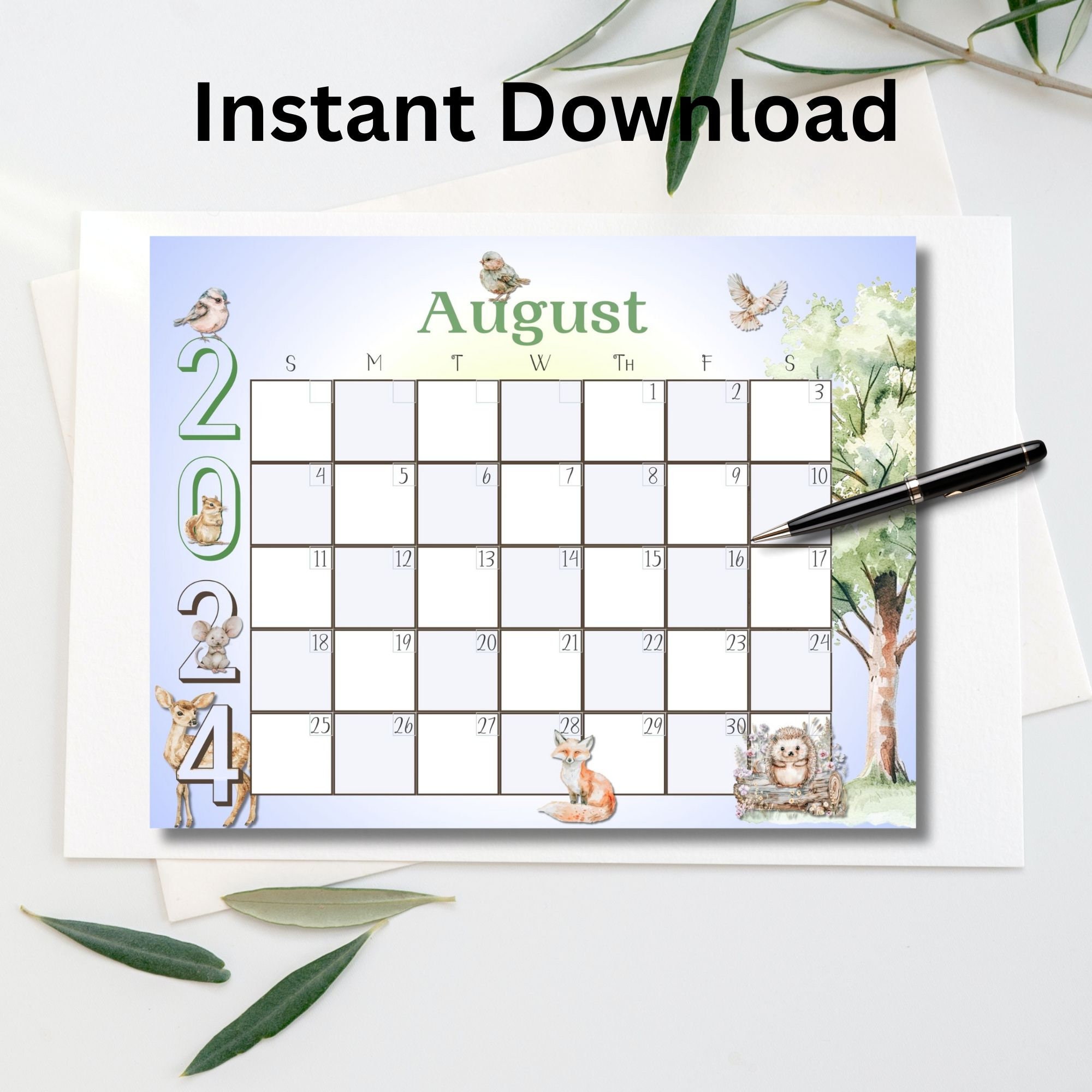 EDITABLE August 2024 Calendar, Woodland Calendar, Forest Animals ...