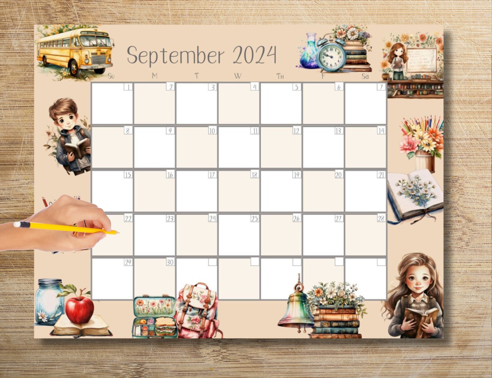 EDITABLE September 2024 Calendar, Back to School, Watercolor Calendar ...