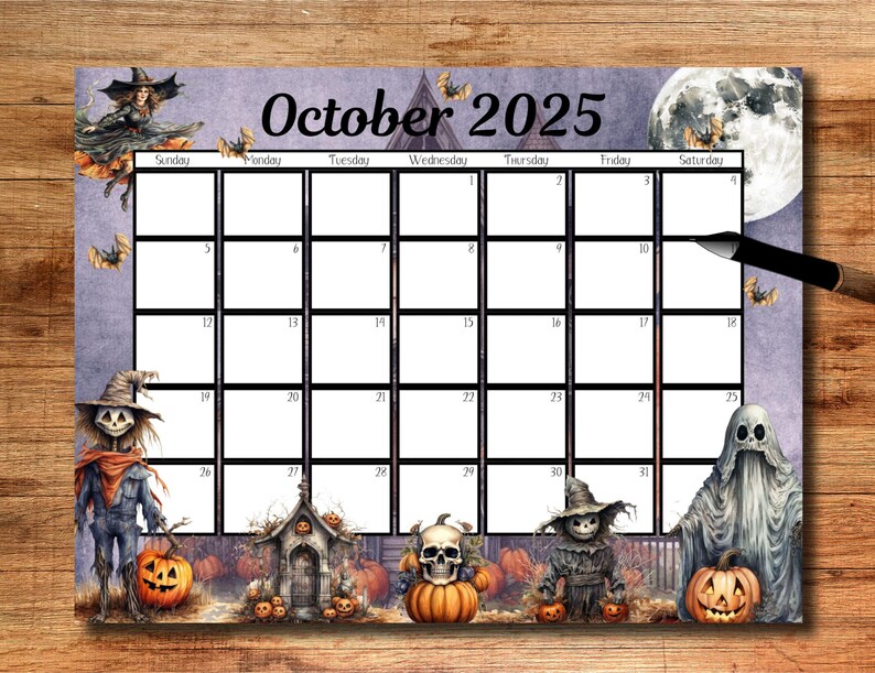 EDITABLE October 2025 Calendar, Cute Halloween Clipart, 2025 October ...
