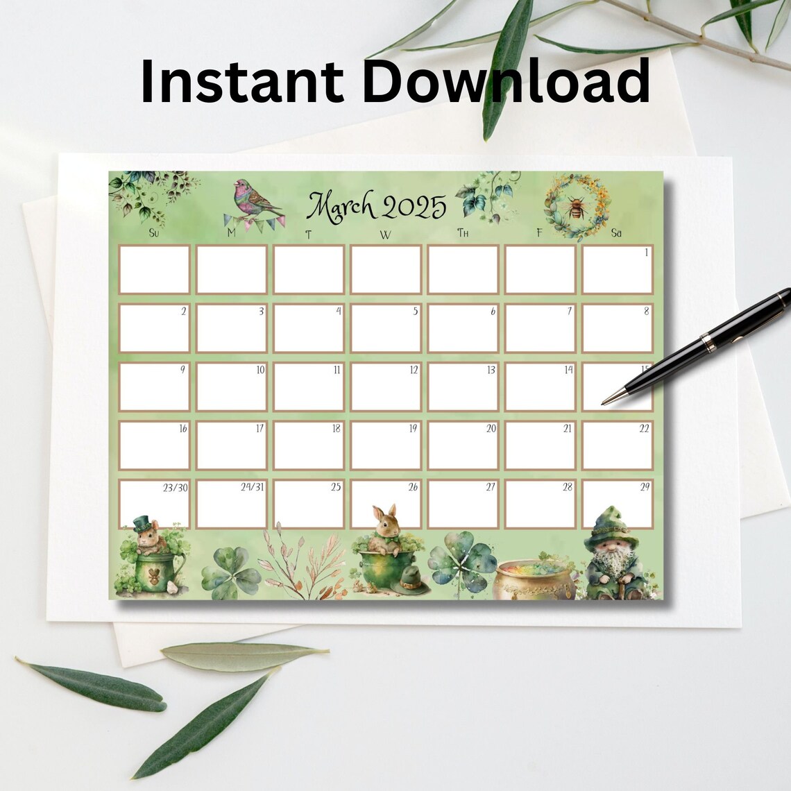 EDITABLE March 2025 Calendar, St Patrick's Calendar, Green Calendar ...