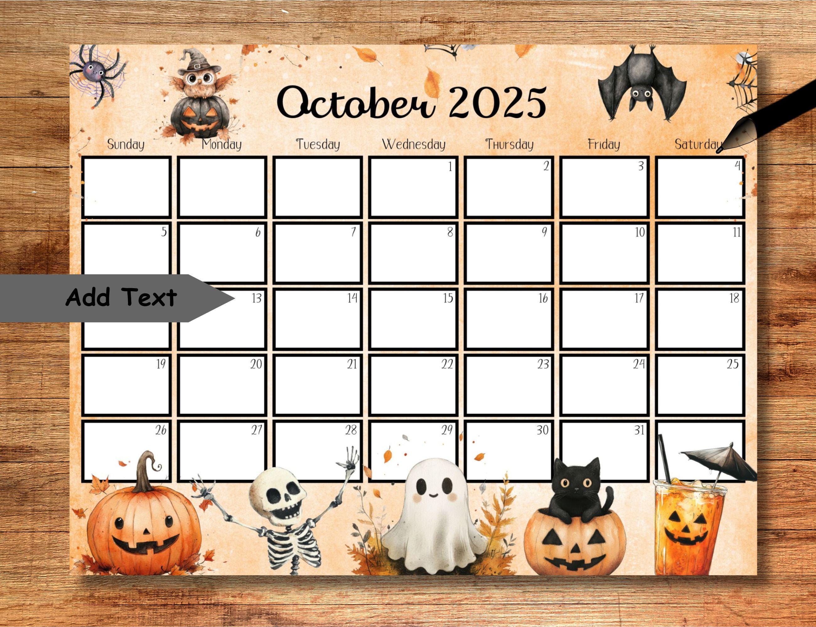 EDITABLE October 2025 Calendar, Cute Halloween Clipart, 2025 October ...