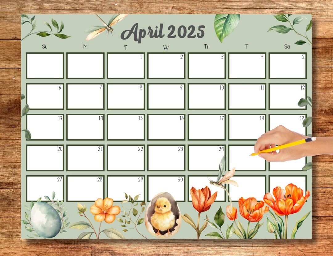 EDITABLE April 2025 Calendar, Happy Easter Calendar, Chick, Botanical ...