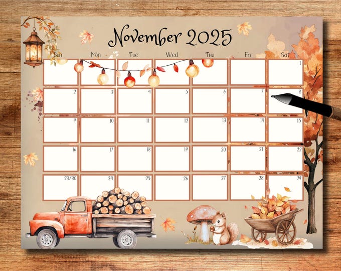 EDITABLE November 2025 Calendar, Thanksgiving Calendar, Whimsical ...