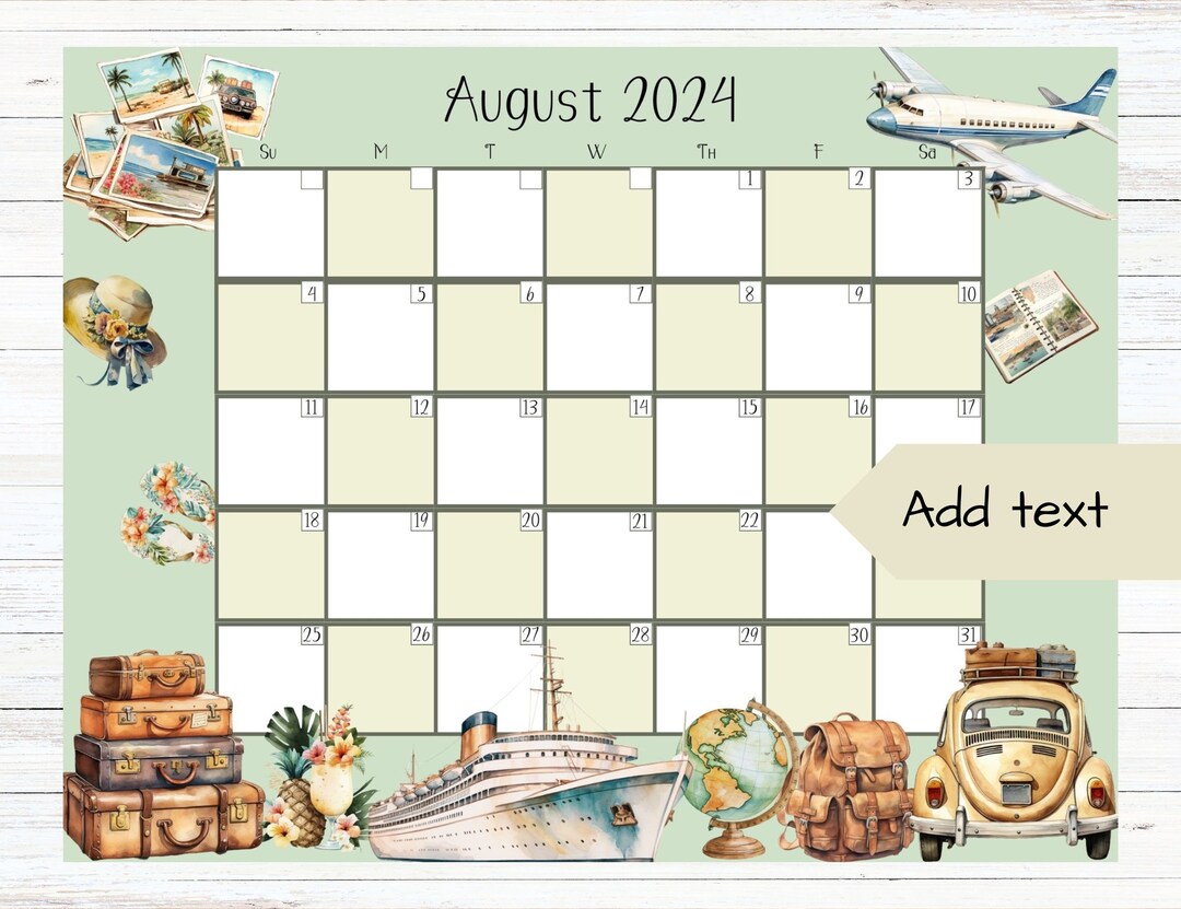 EDITABLE August 2024 Calendar, Travel Calendar, Vacation Calendar ...