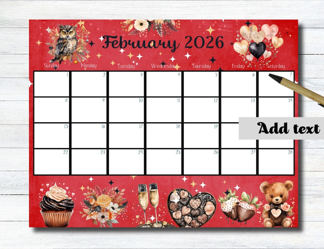 EDITABLE February 2026 Calendar, 2026 February, Valentines, Printable ...