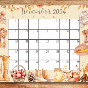 EDITABLE November 2024 Calendar, Cozy Calendar, Pink, Scarf, Apples ...
