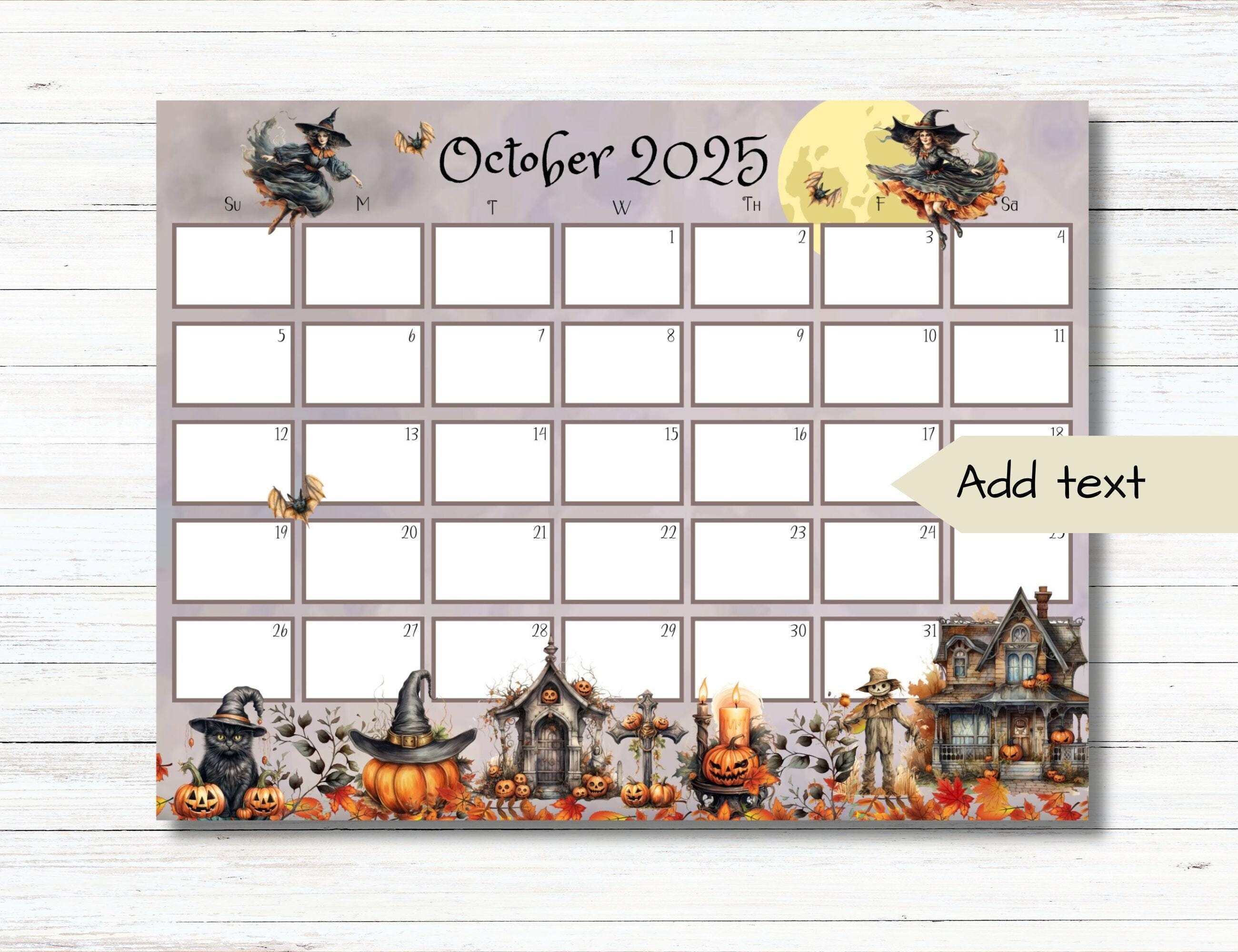 EDITABLE October 2025 Calendar, Whimsical Calendar, Spooky Halloween ...