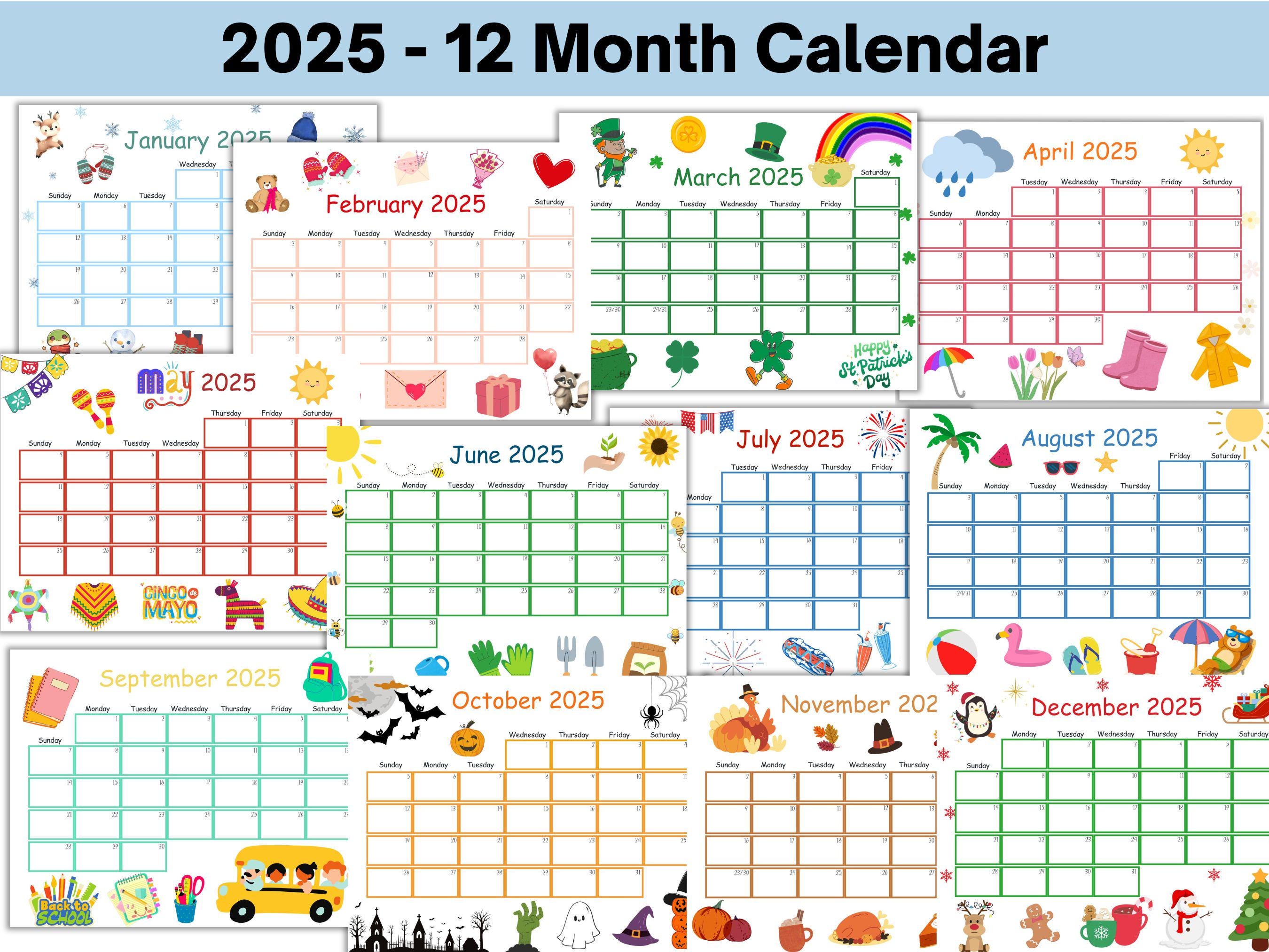 2025 Calendar Printable, Cute Kids Calendar 2025, Wall Calendar PDF ...