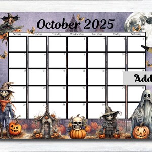 EDITABLE October 2025 Calendar, Cute Halloween Clipart, 2025 October ...