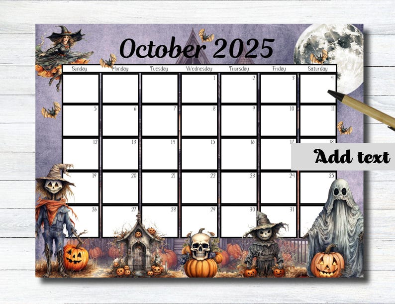 EDITABLE October 2025 Calendar, Cute Halloween Clipart, 2025 October ...