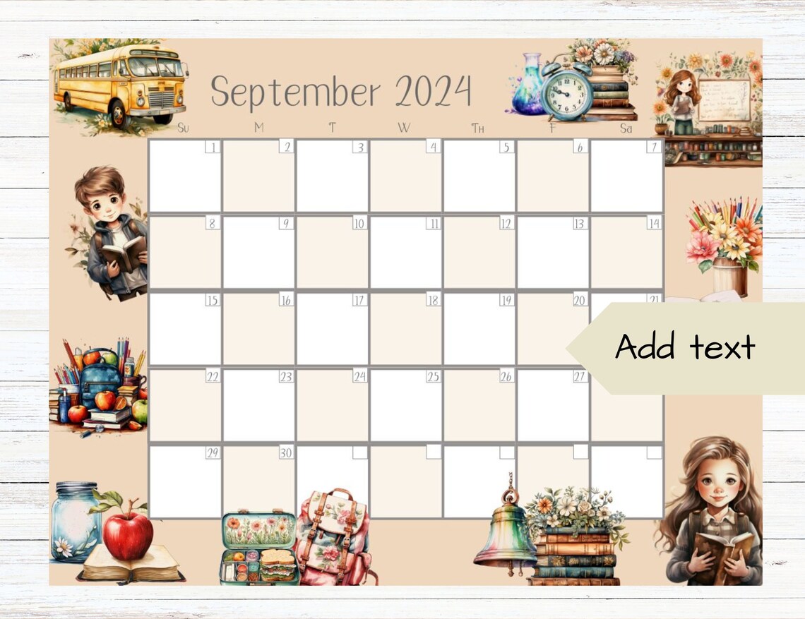 EDITABLE September 2024 Calendar, Back to School, Watercolor Calendar ...