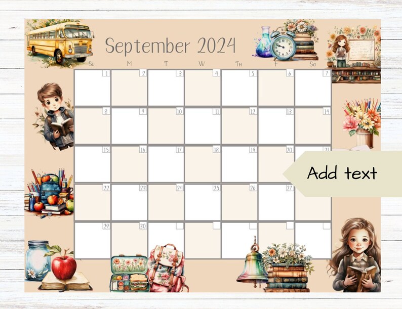 EDITABLE September 2024 Calendar, Back to School, Watercolor Calendar ...