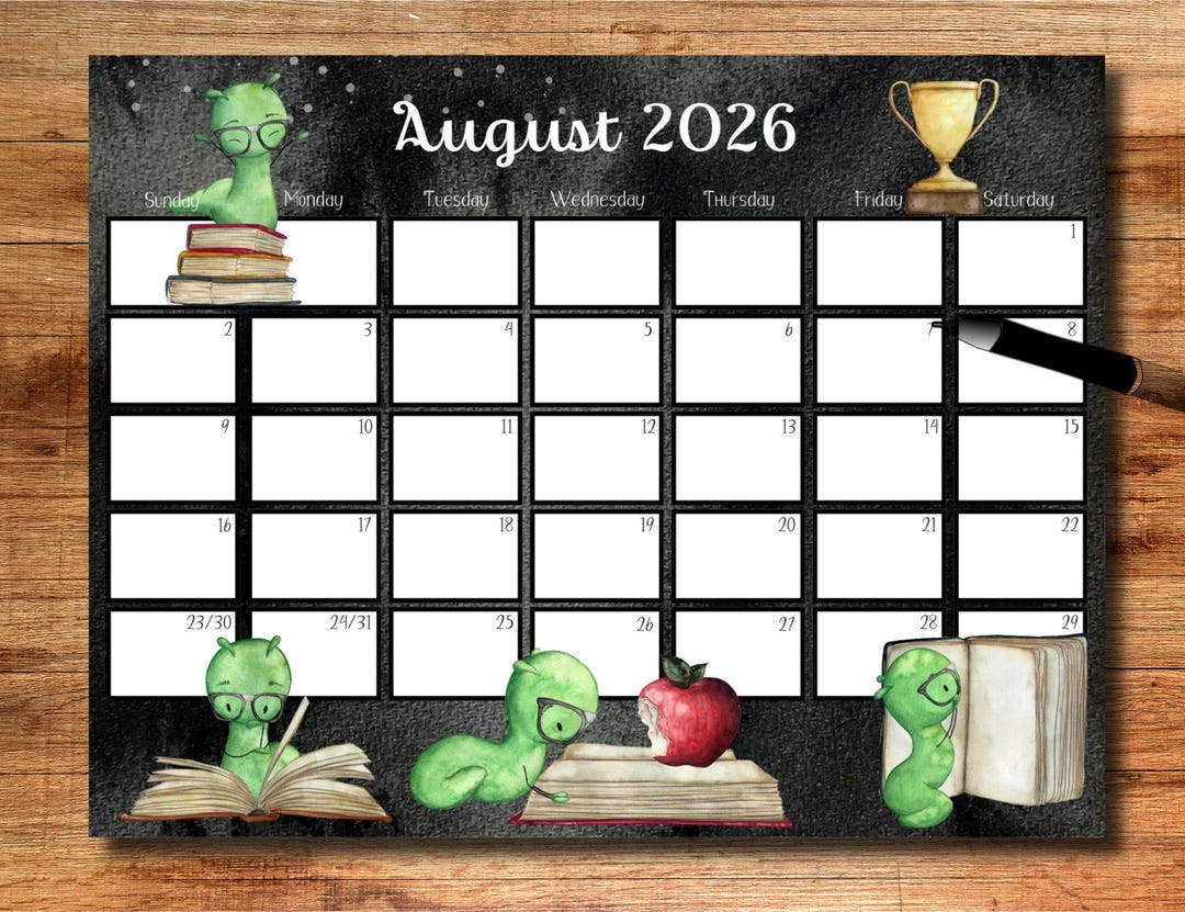EDITABLE, August 2026 Calendar, 2026 August Calendar, Bookworm Theme ...