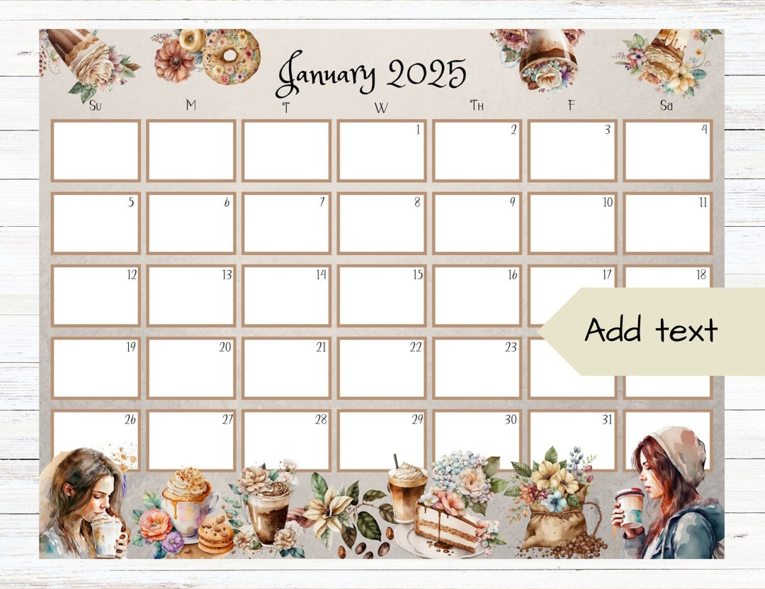 EDITABLE January 2025 Calendar, Whimsical Calendar, Watercolor Calendar ...