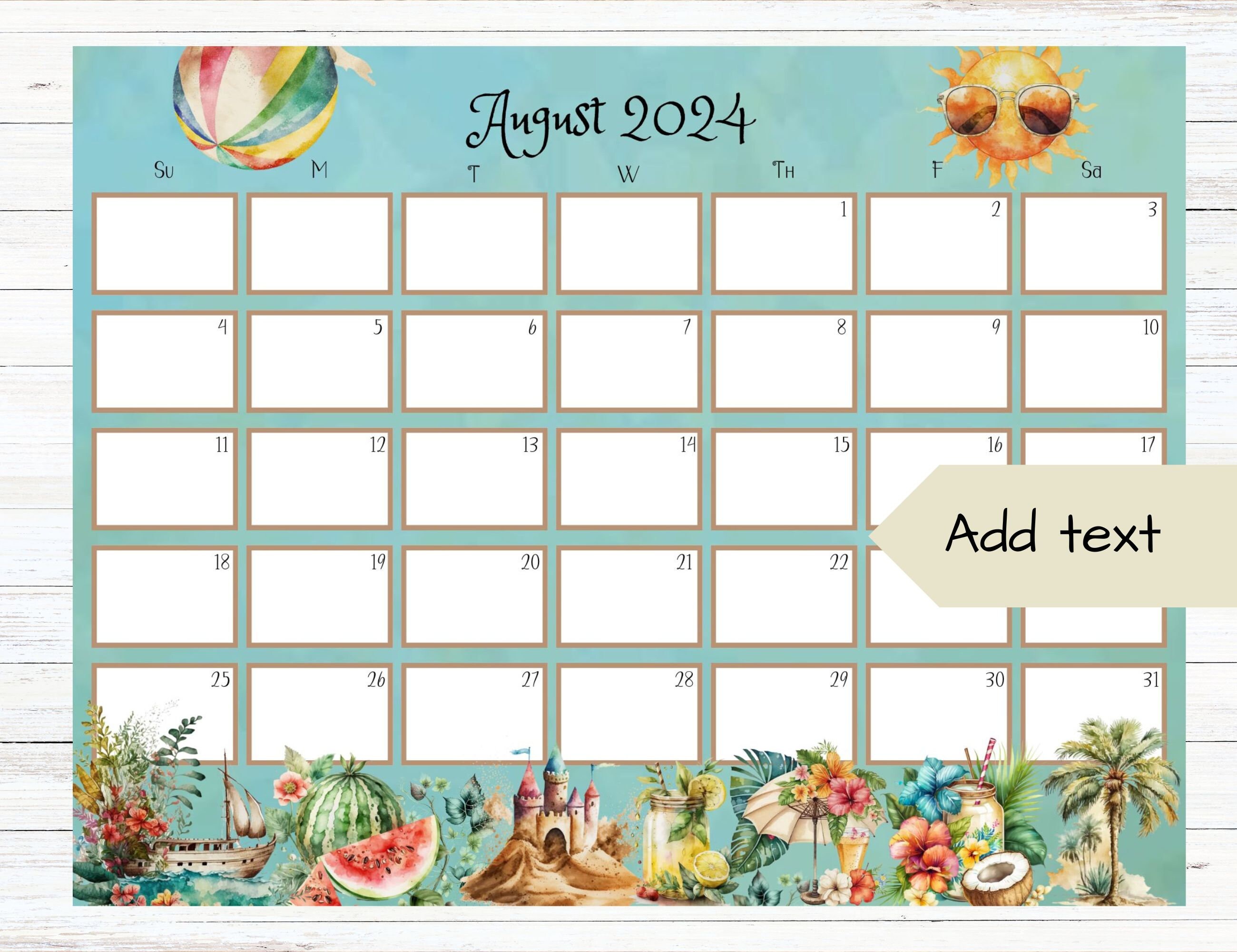 EDITABLE August 2024 Calendar, Whimsical, Beach, Blue, Vacation ...
