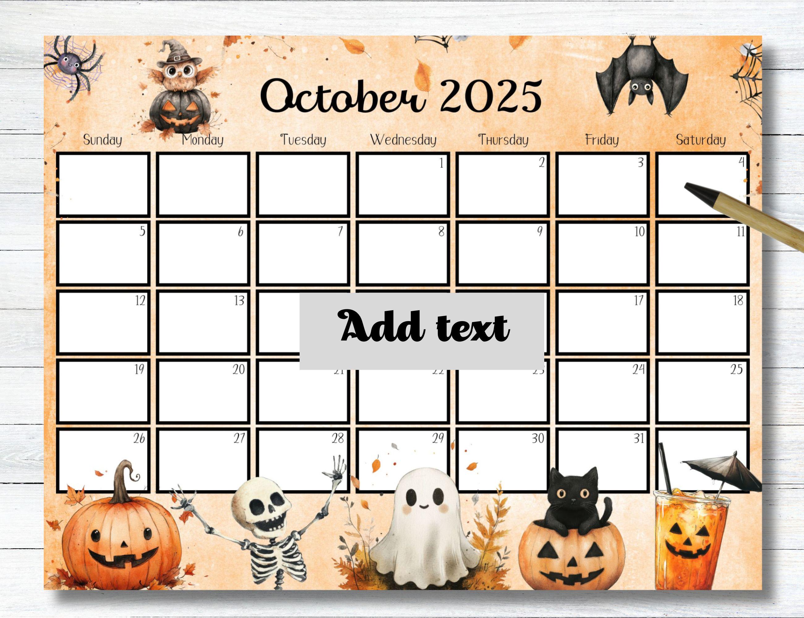 EDITABLE October 2025 Calendar, Cute Halloween Clipart, 2025 October ...