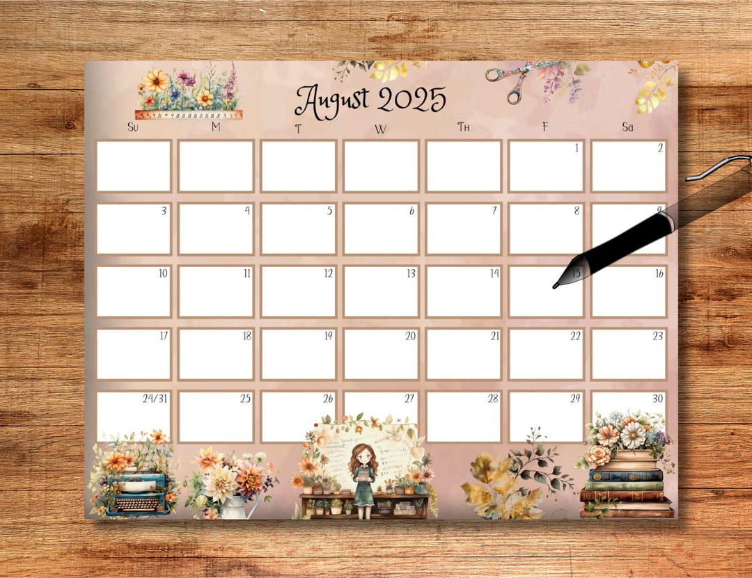 EDITABLE August 2025 Calendar, Whimsical, Back to School, Pink, School ...