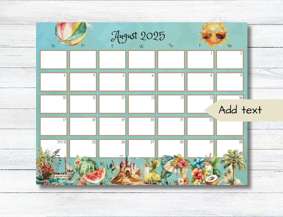 EDITABLE August 2025 Calendar, Whimsical Calendar, 2025 August Calendar ...